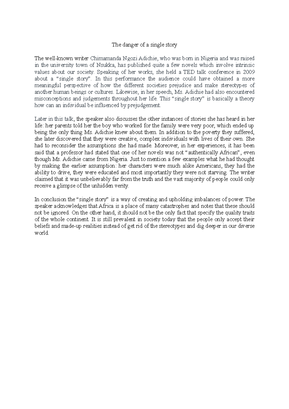 Essay on TED talk - The danger of a single story The well-known writer ...