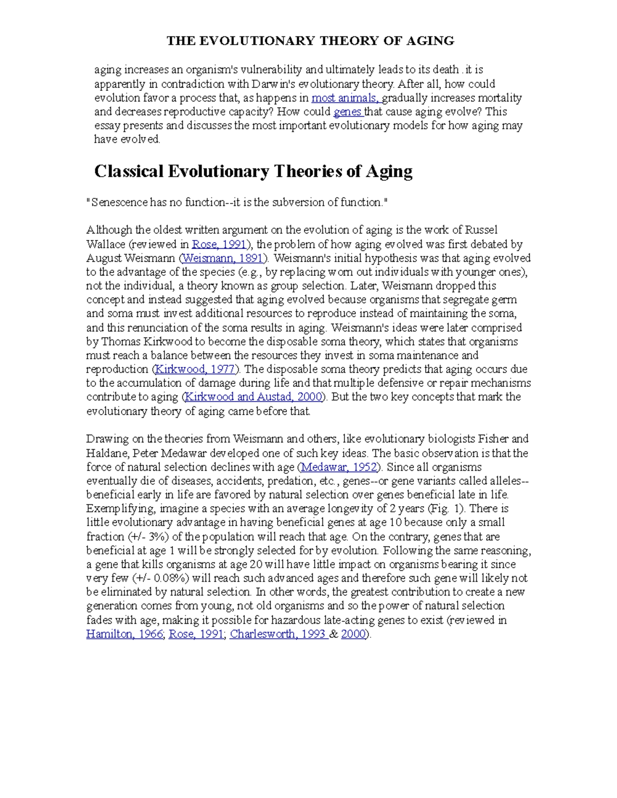 The Evolutionary Theory of Aging - THE EVOLUTIONARY THEORY OF AGING ...