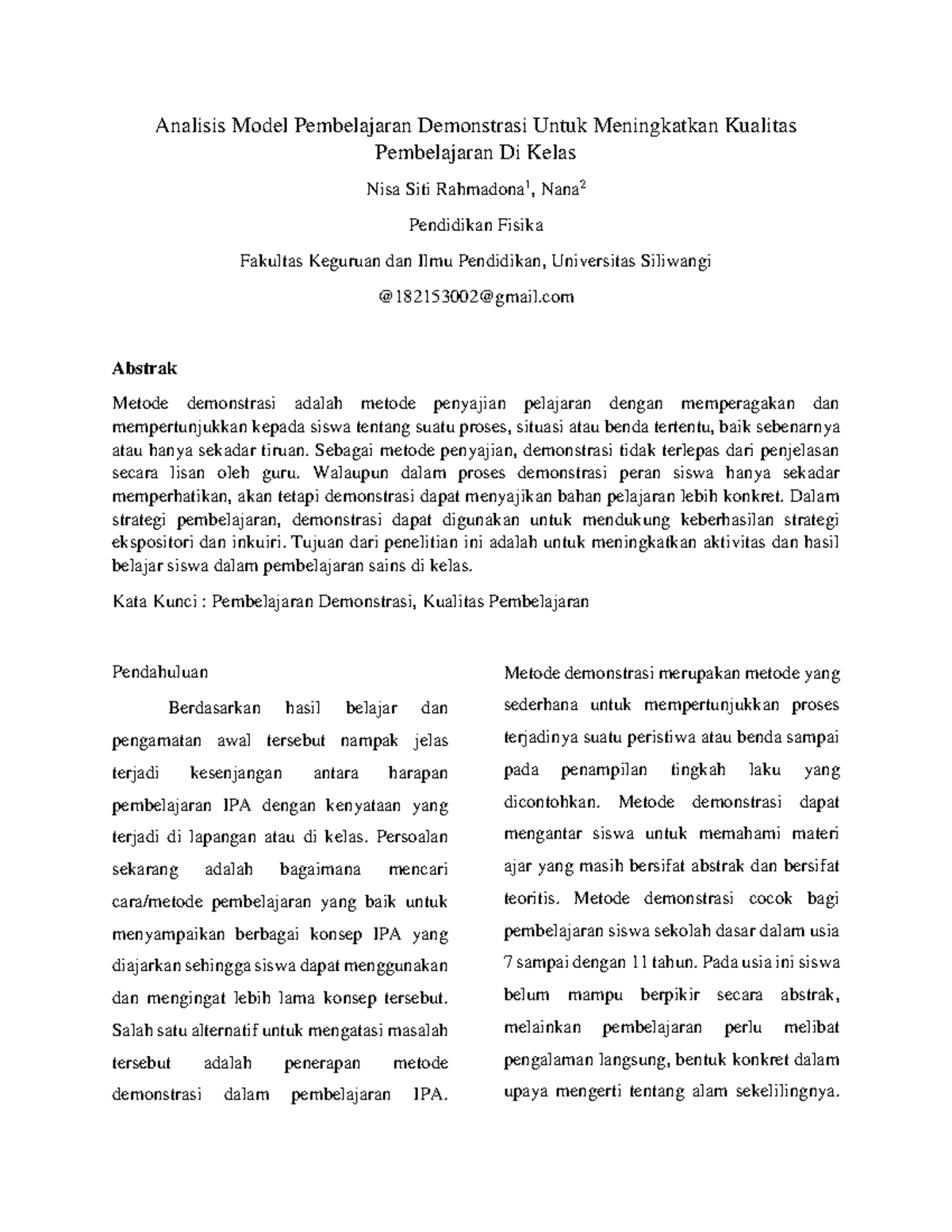 Analisis Model Pembelajaran Demonstrasi Untuk Meningkatkan Kualitas ...