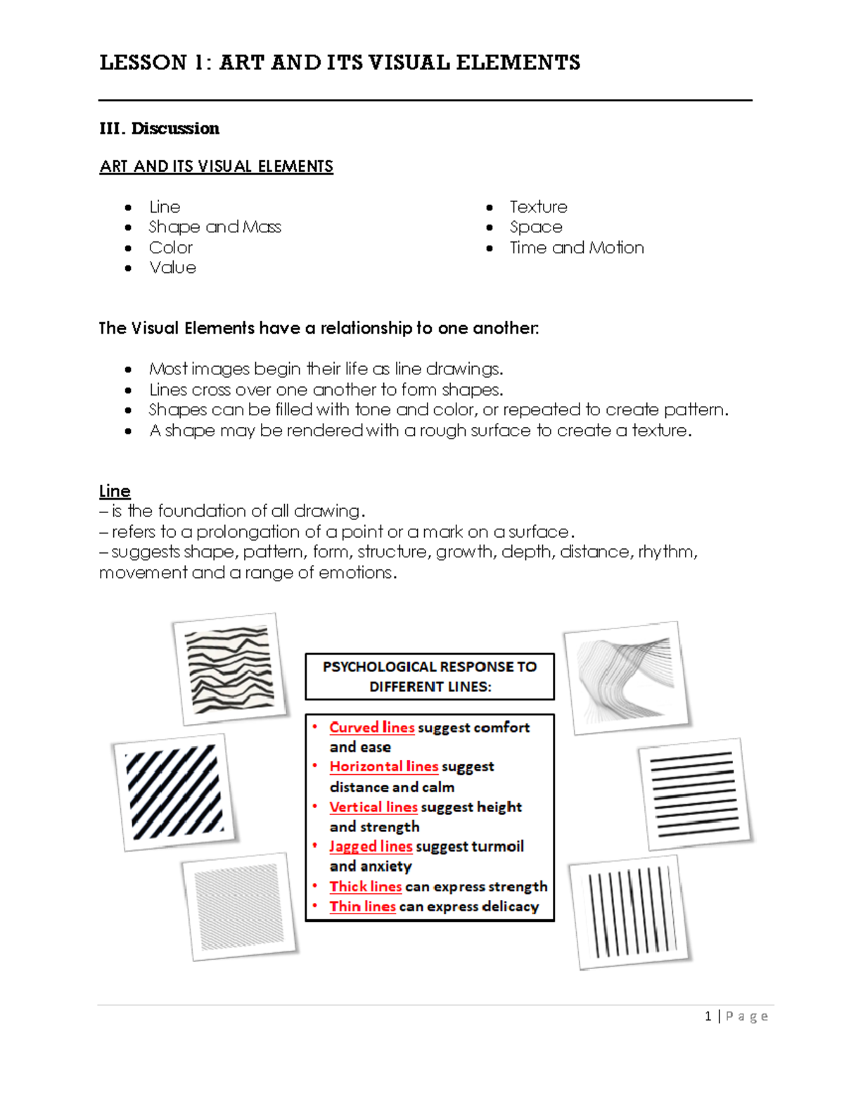 L1 CPAR Handout - ART AND ITS VISUAL ELEMENTS - 1 | P a g e LESSON 1: ART AND ITS VISUAL ...