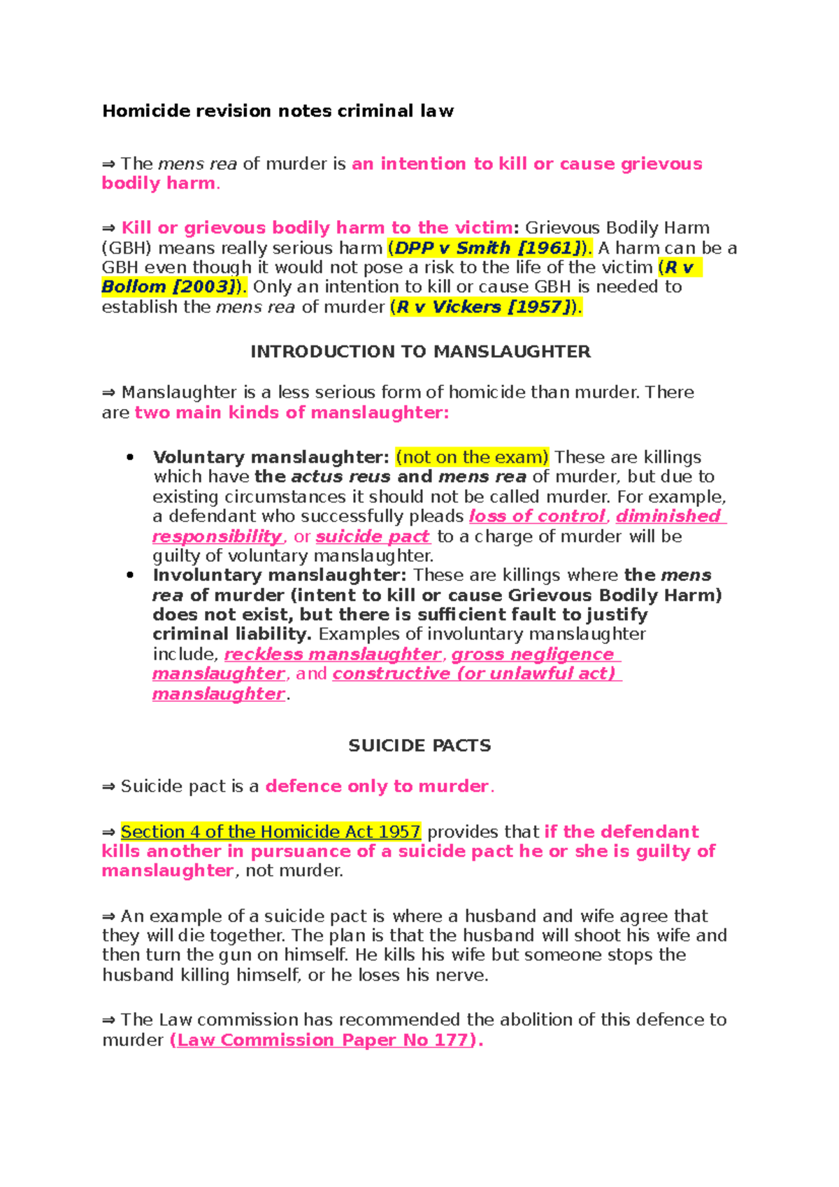 Homicide revision notes criminal law - Kill or grievous bodily harm to ...