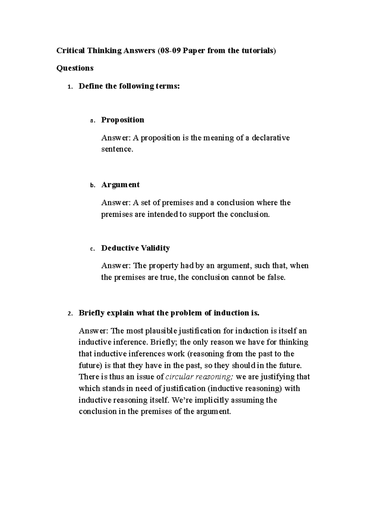 Exam 2009, questions - Critical Thinking Answers (08-09 Paper from the ...