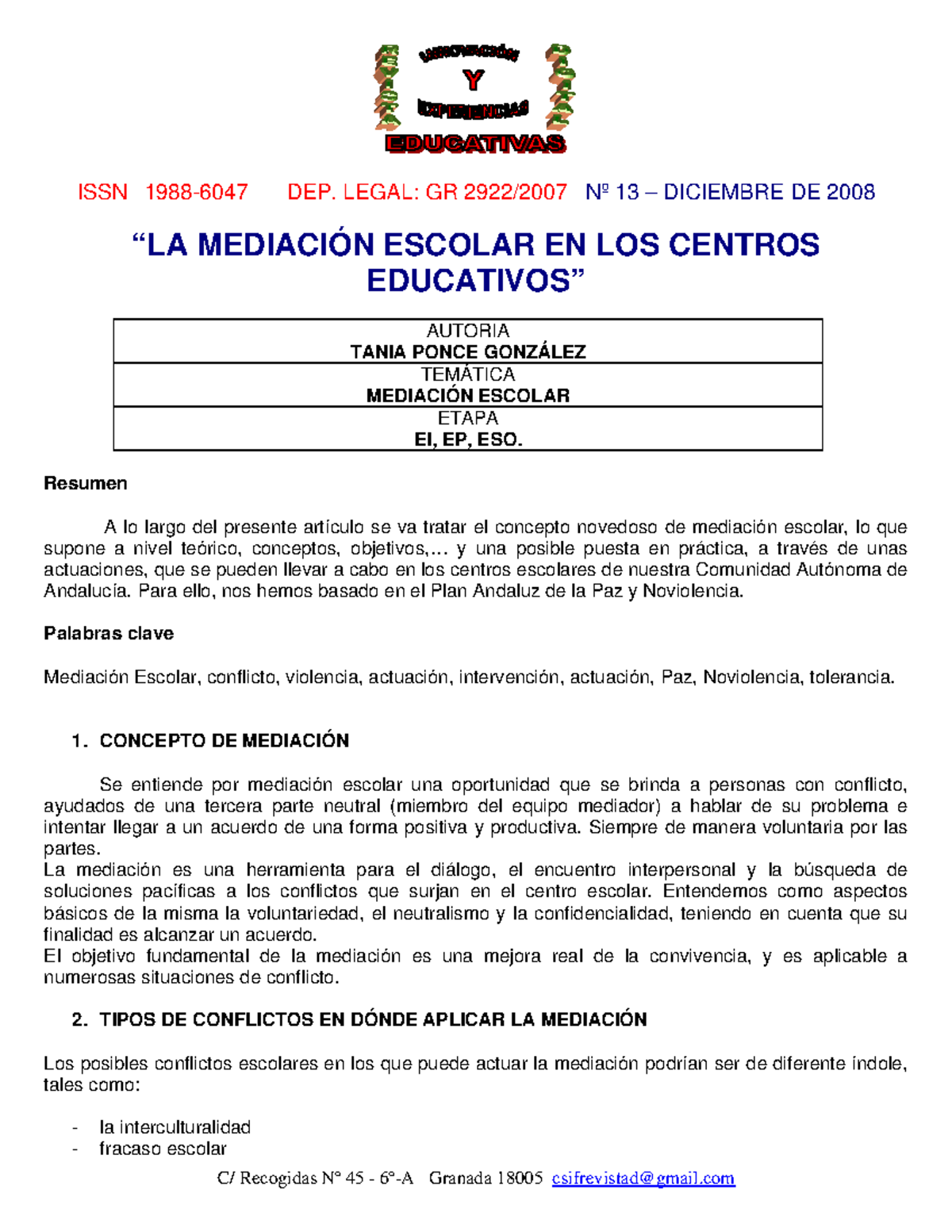 Mediacion Escolar EN Centros Educativos - “LA MEDIACIÓN ESCOLAR EN LOS ...