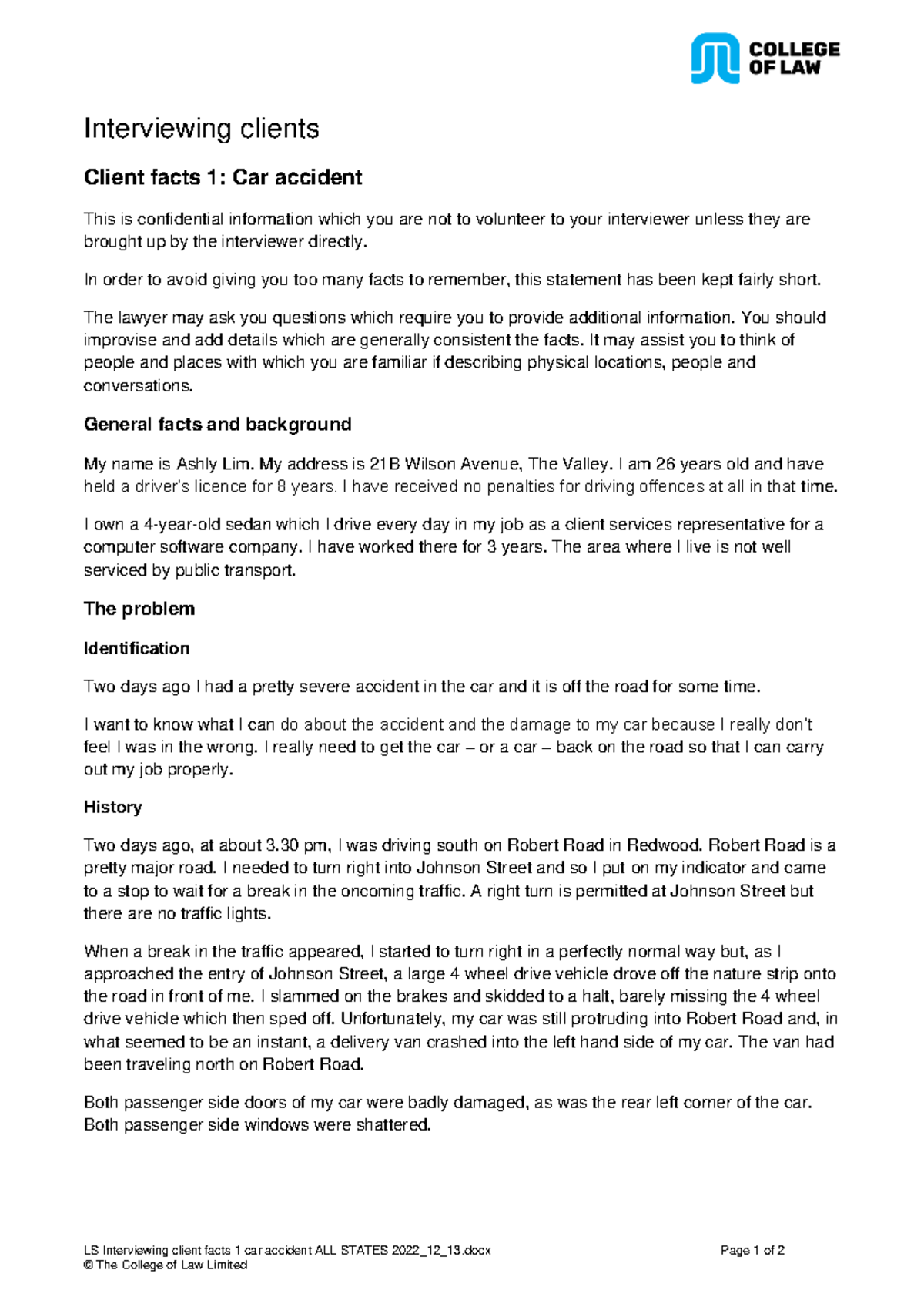 LS Interviewing client facts 1 car accident ALL States 2022 12 13 - LS ...