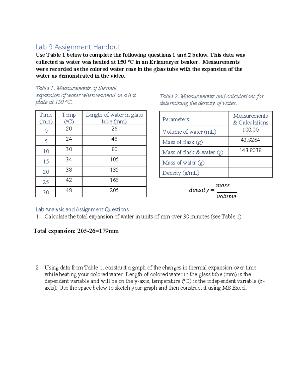 Lab 10 Assignment - Lab 9 Assignment Handout Use Table 1 below to complete the following ...