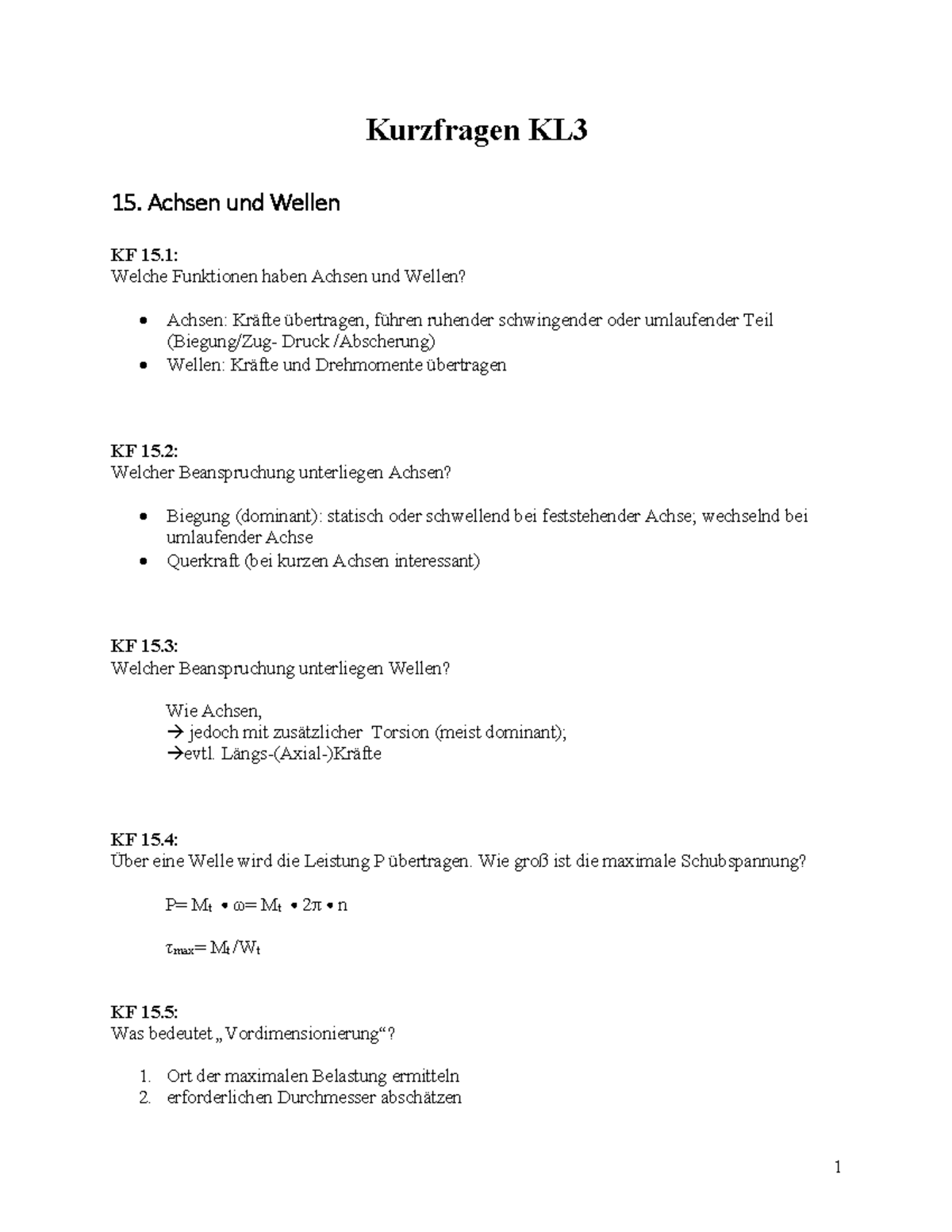 KL34 Kurzfragen pdf - Kurzfragen KL 15. Achsen und Wellen KF 15: Welche Funktionen haben Achsen ...