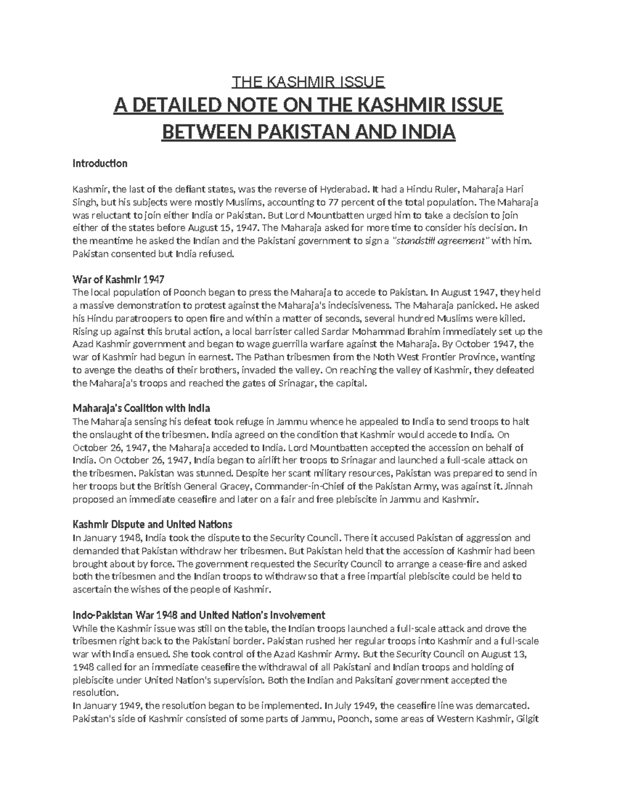 THE Kashmir Issue - THE KASHMIR ISSUE A DETAILED NOTE ON THE KASHMIR ...