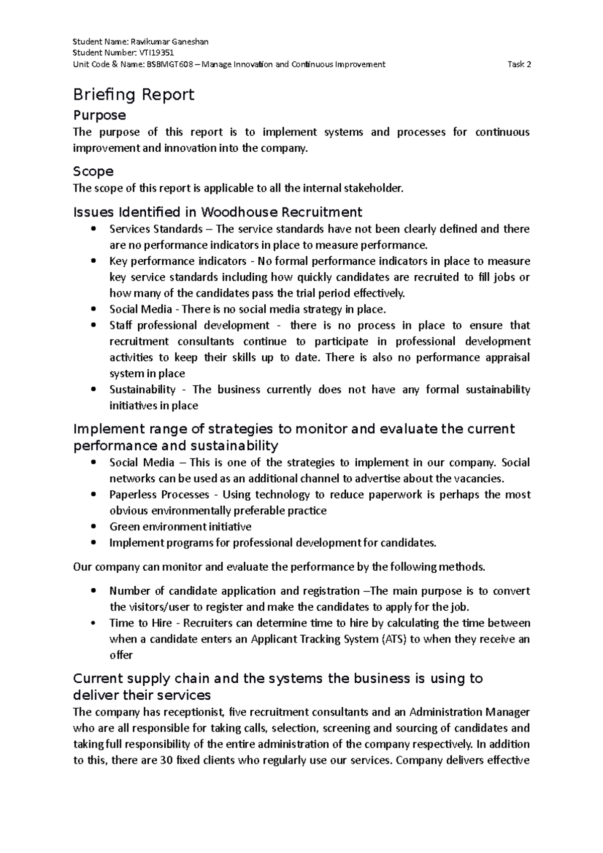 Briefing Report - BSBMGT608 - TASK 2 - Student Number: VTI Unit Code ...