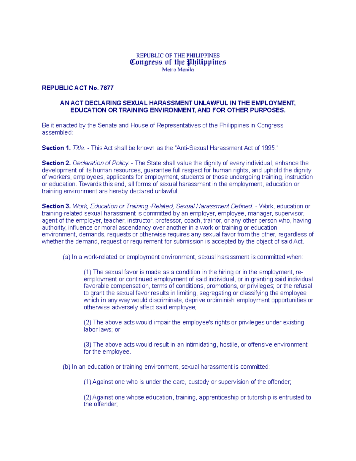 RA 7877 - Anti-Sexual Harassment Act of 1995 - REPUBLIC ACT No. 7877 AN ...