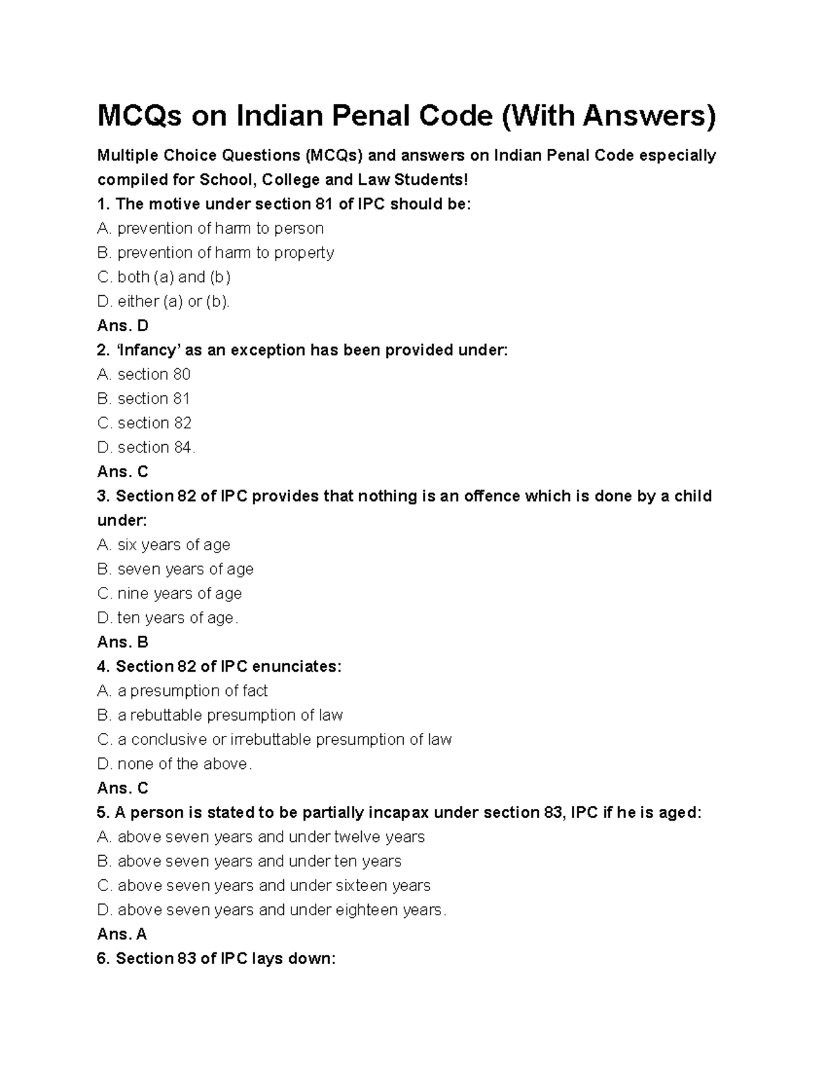 Law of Crime Multi Choice Questions 2021 - MCQs on Indian Penal Code ...