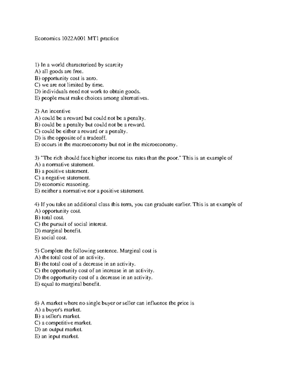 Econ1022A001 MT1 practice - Economics 1022A 001 MT1 practice In a world ...