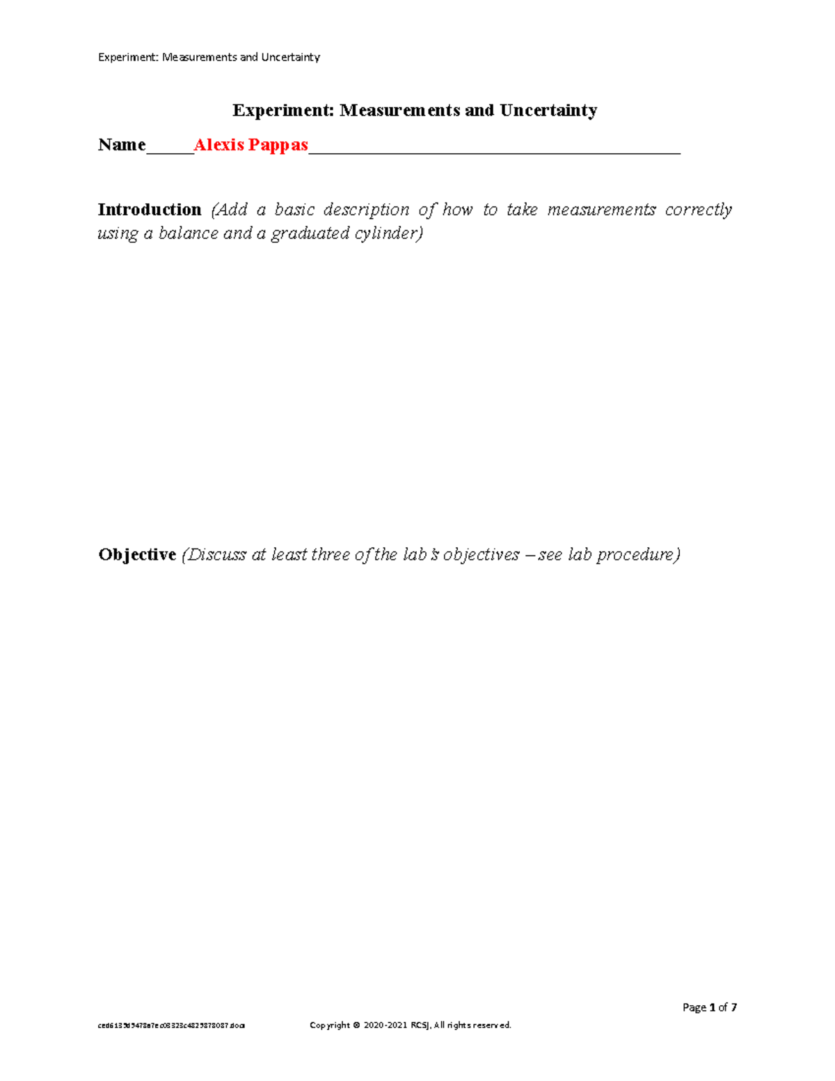 Measurement Lab Report - Experiment: Measurements and Uncertainty Name ...