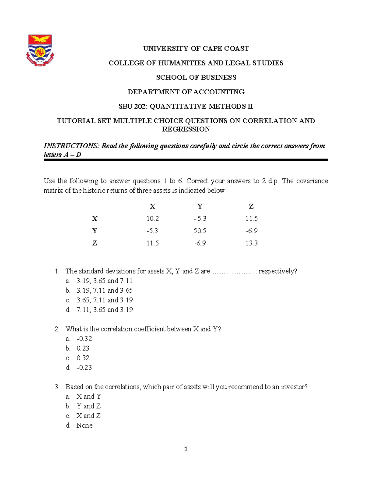 MCQ Correlation and Regression new - UNIVERSITY OF CAPE COAST COLLEGE ...