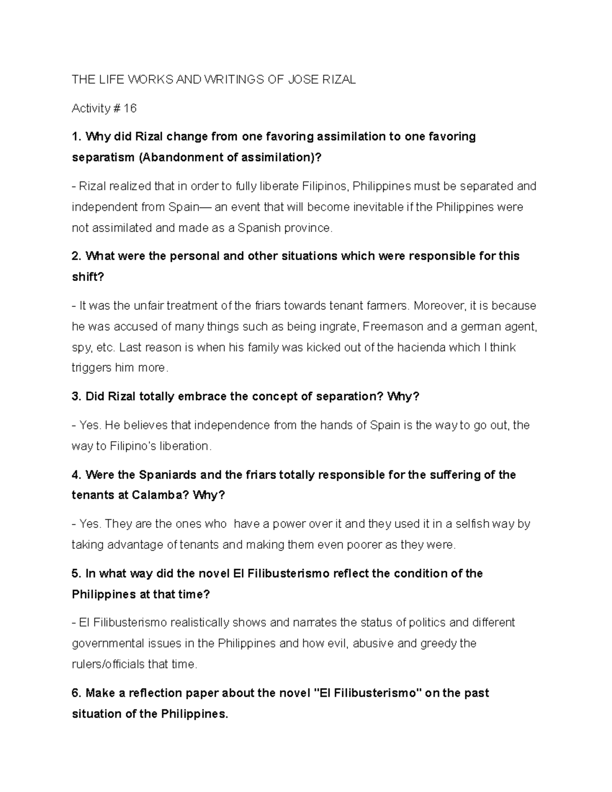 R16 - R16 RIZAL - THE LIFE WORKS AND WRITINGS OF JOSE RIZAL Activity ...