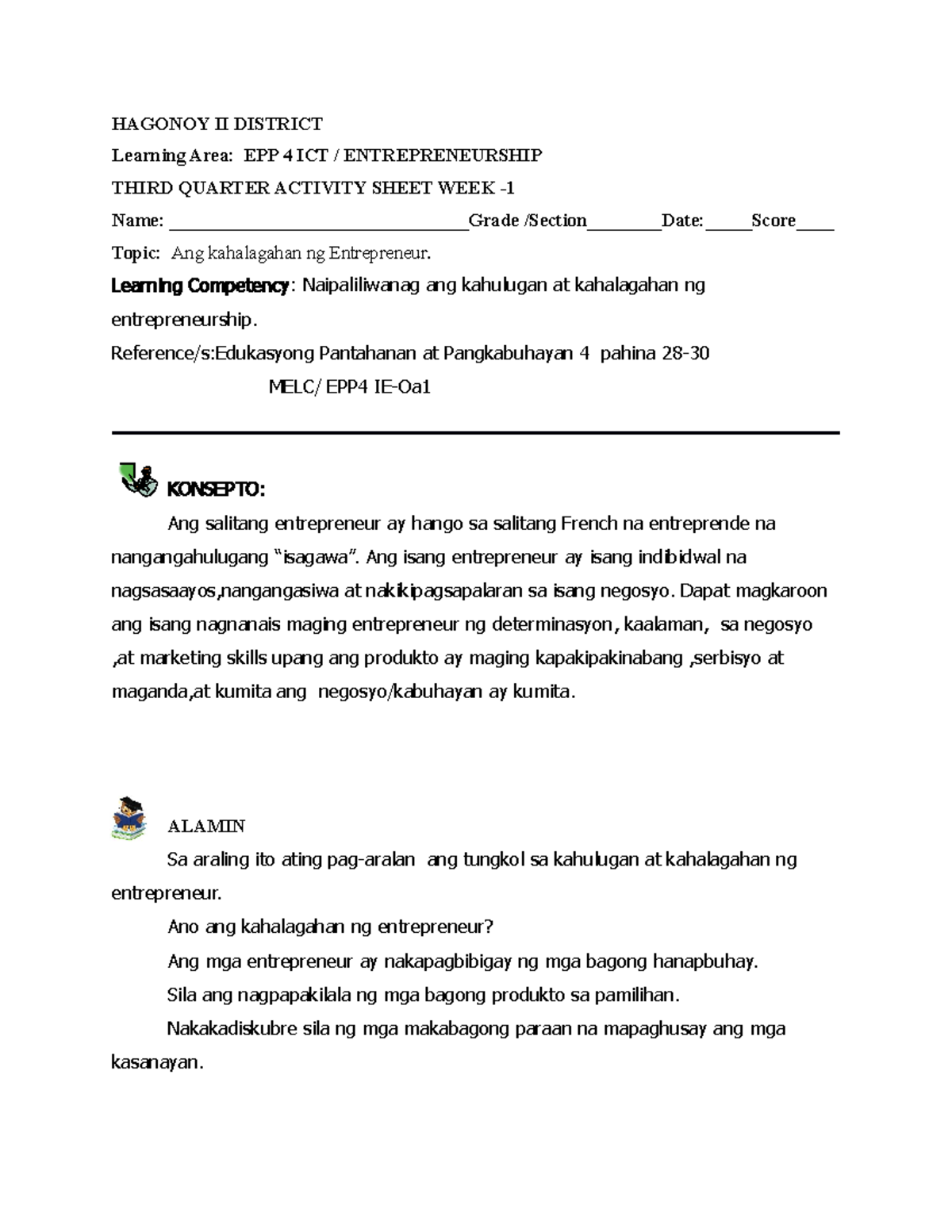 ICT4 ACTIVITY SHEET W1 - HAGONOY II DISTRICT Learning Area: EPP 4 ICT ...