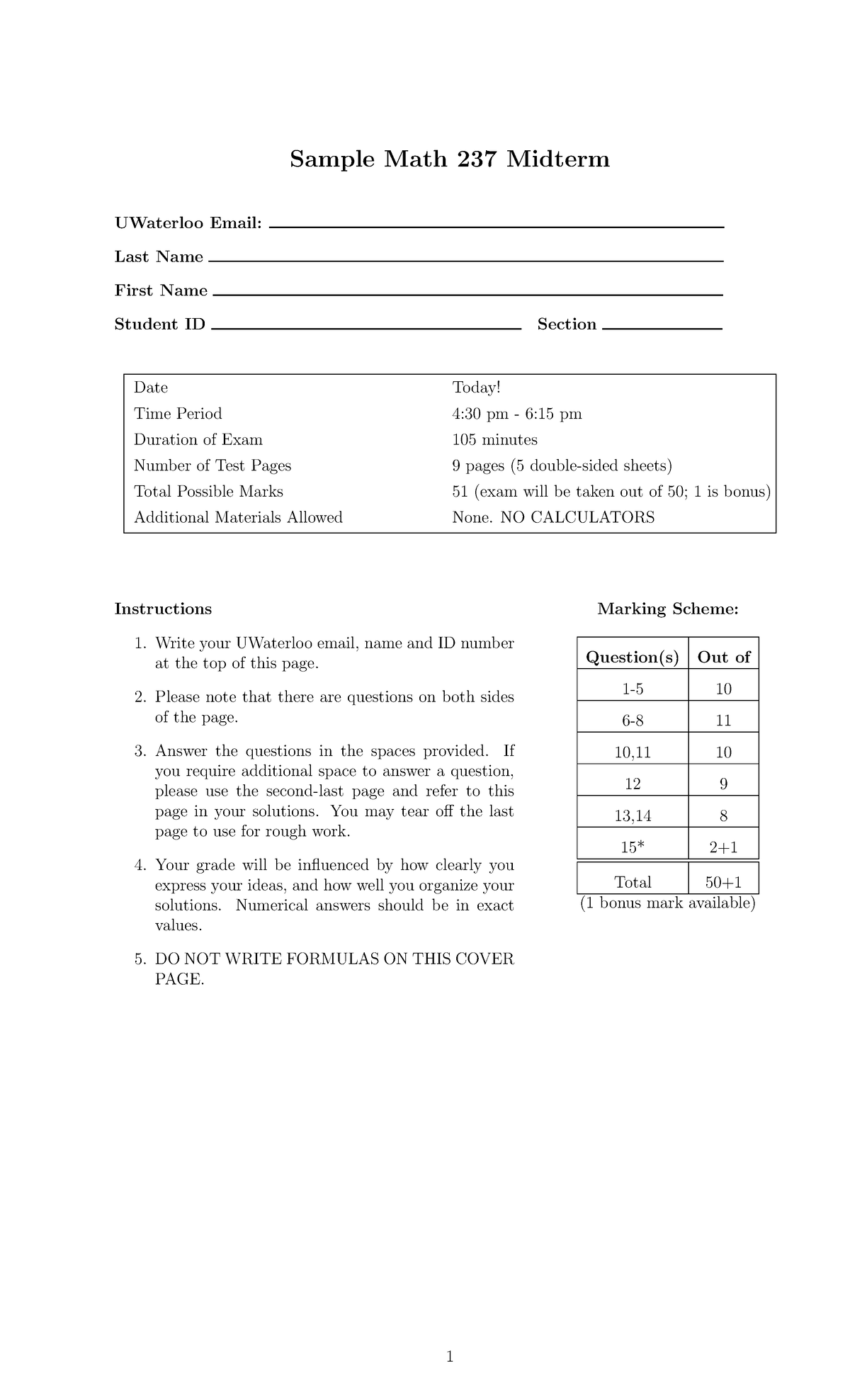 Sample midterm 2 - practice - Sample Math 237 Midterm UWaterloo Email ...