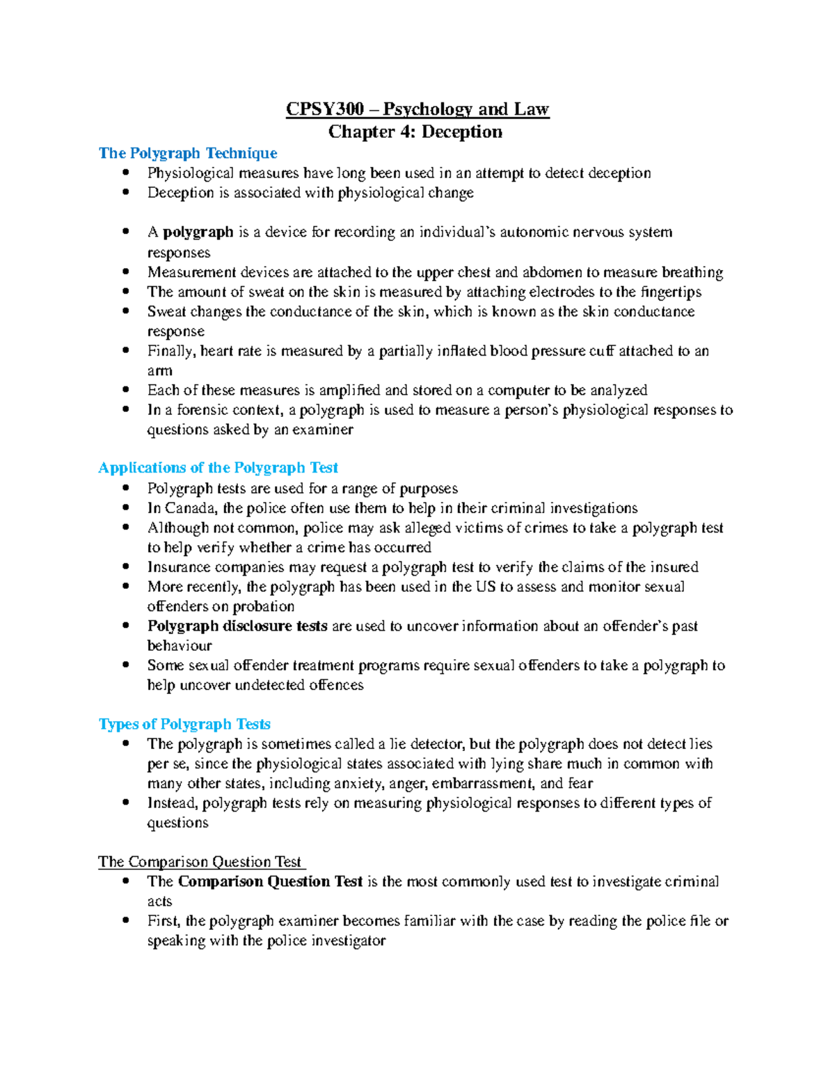 CPSY300 chapter 4 - CPSY300 – Psychology and Law Chapter 4: Deception The Polygraph Technique ...