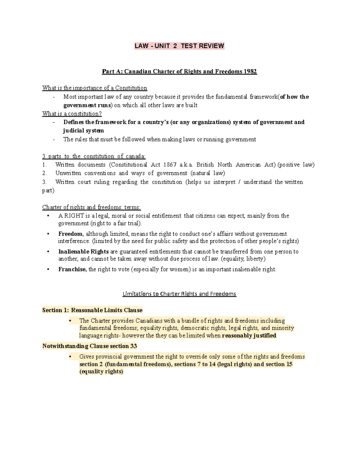 Copy of LAW - UNIT 2 TEST Review - LAW - UNIT 2 TEST REVIEW Part A ...