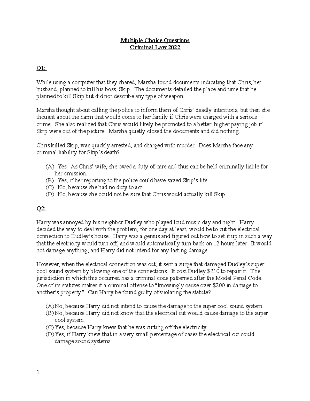 Criminal Law_Blank Multiple Choice Questions w/answer key - Multiple ...