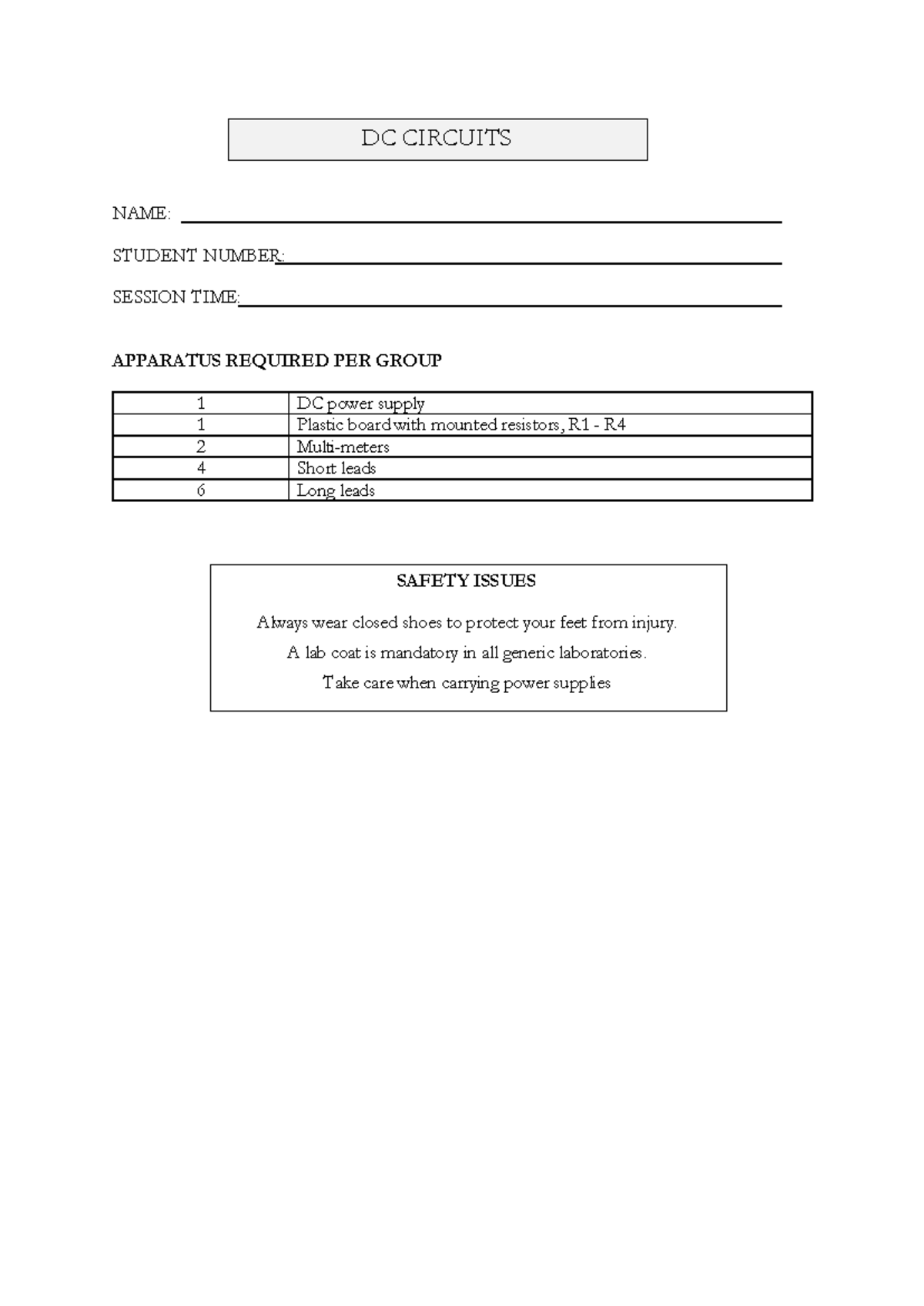 Lab 5 Notes DC Circuits - NAME: STUDENT NUMBER: SESSION TIME: APPARATUS ...