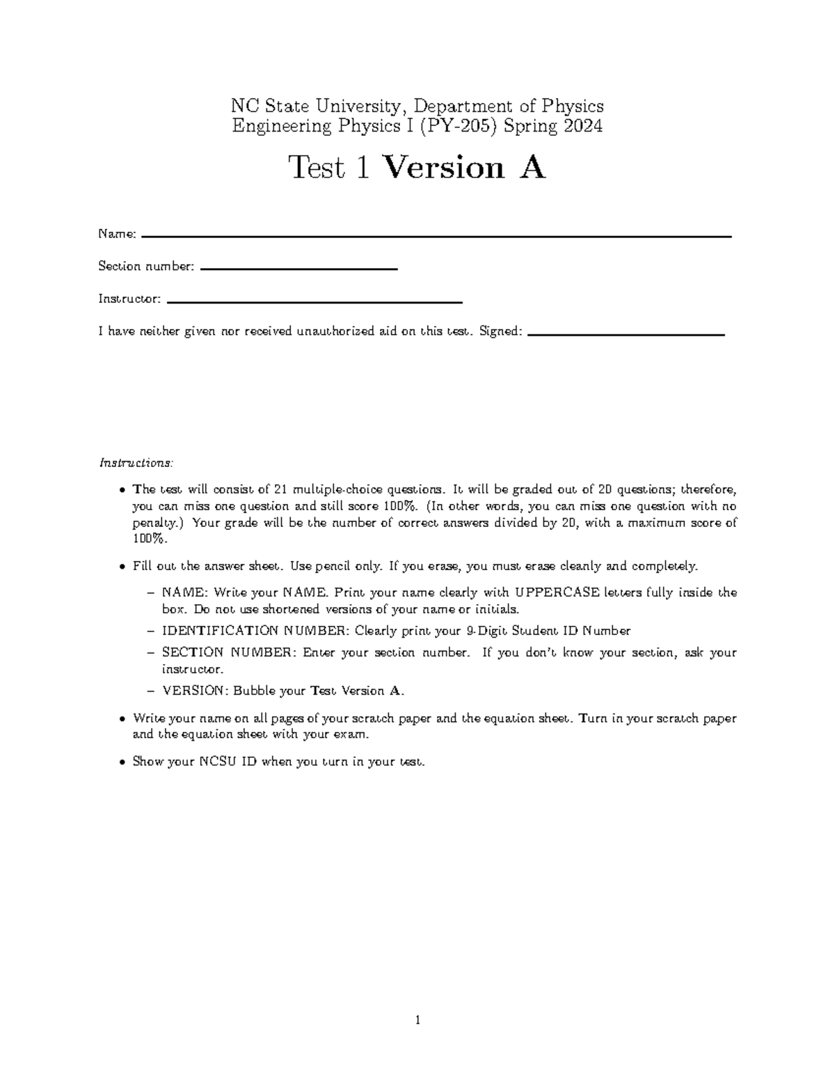 Test 1 A - NC State University, Department of Physics Engineering ...