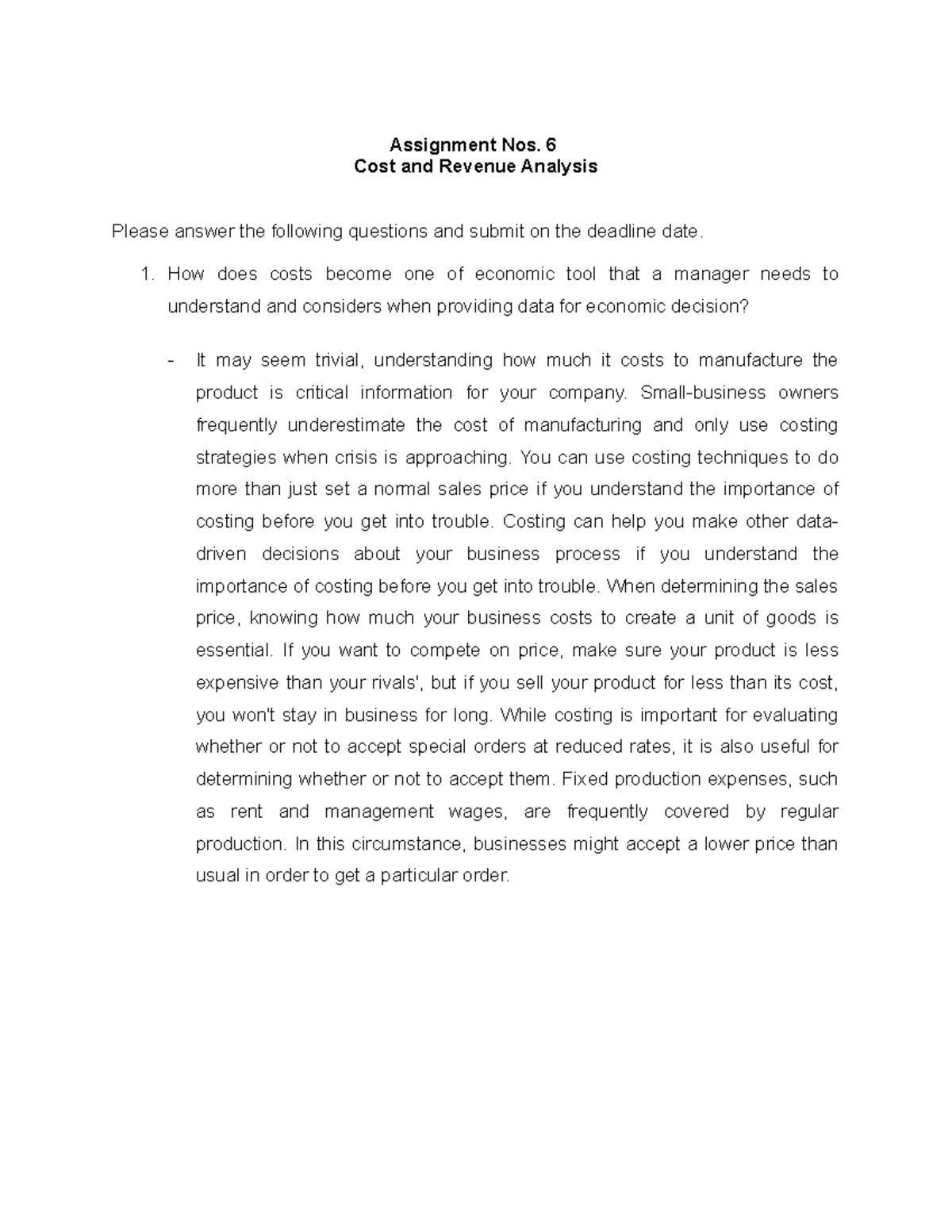 Assignment Nos.6 Cost and Revenue Analysis - Assignment Nos. 6 Cost and ...