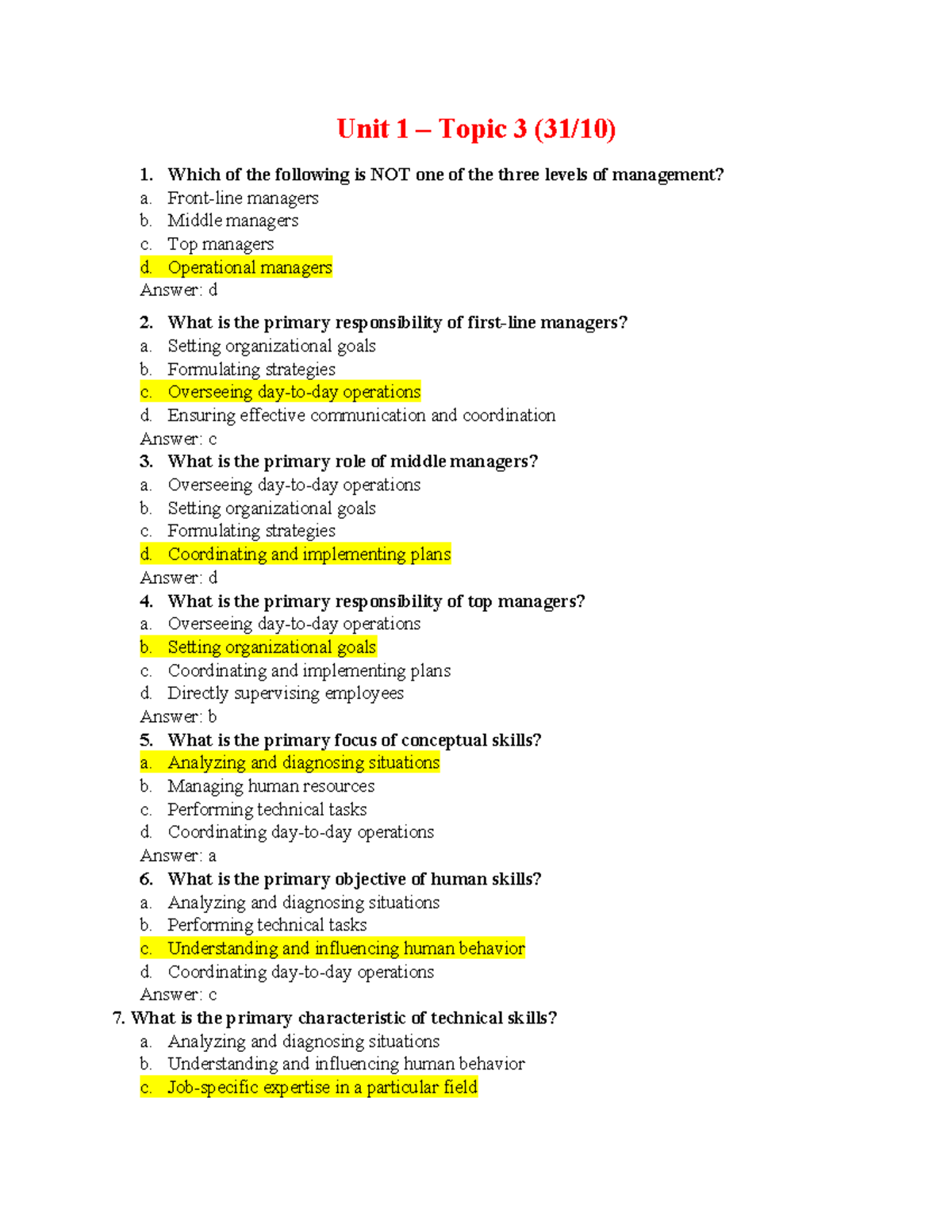 Test topic 3 - 31:10 - management - Unit 1 – Topic 3 (31/10) 1. Which ...