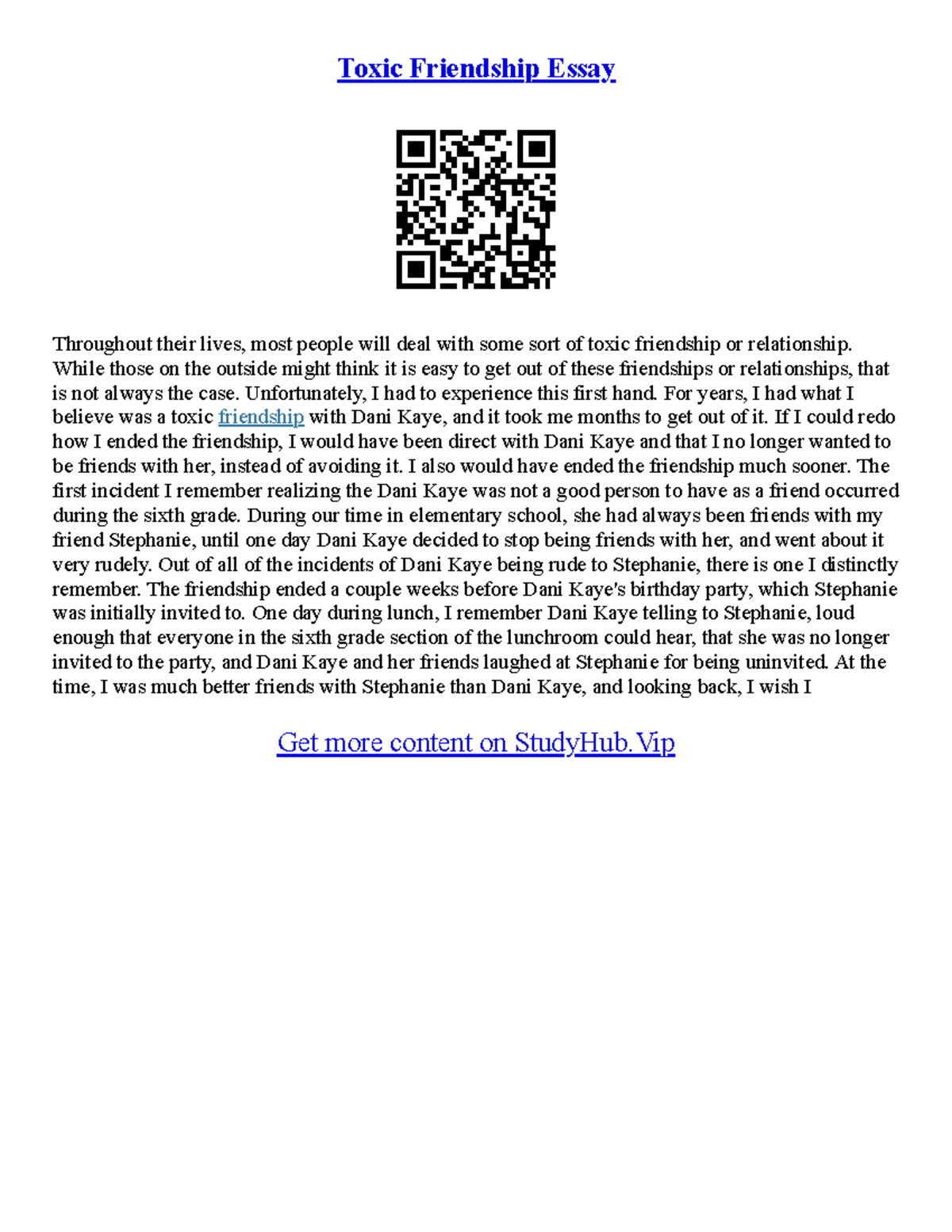 Essays On Friendship - Toxic Friendship Essay Throughout their lives ...