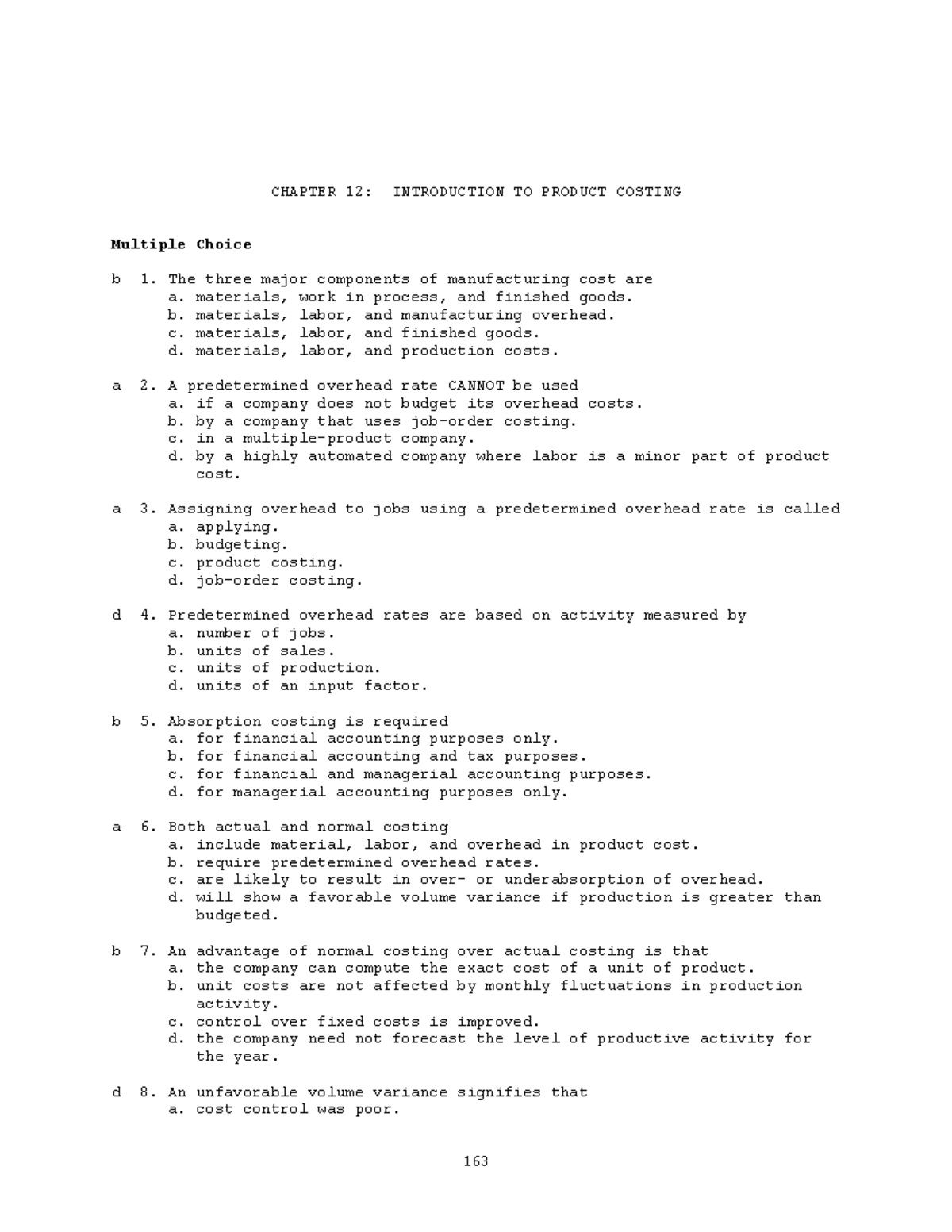 Ch12 Problems with Answer and Solution - CHAPTER 12: INTRODUCTION TO PRODUCT COSTING Multiple ...