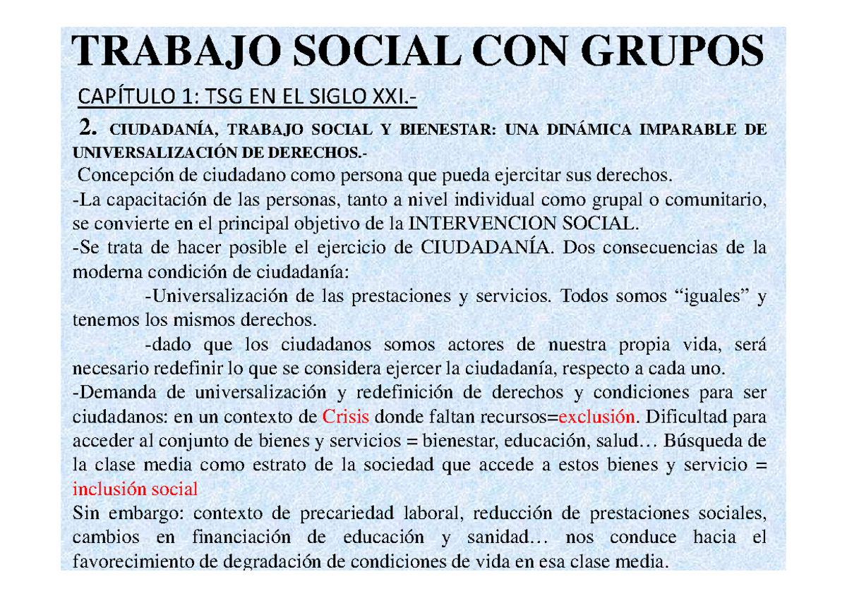TSG. Tema 1 - Tema 1. Trabajo social con Grupos. Uned - TRABAJO SOCIAL CON GRUPOS CAPÍTULO 1 ...