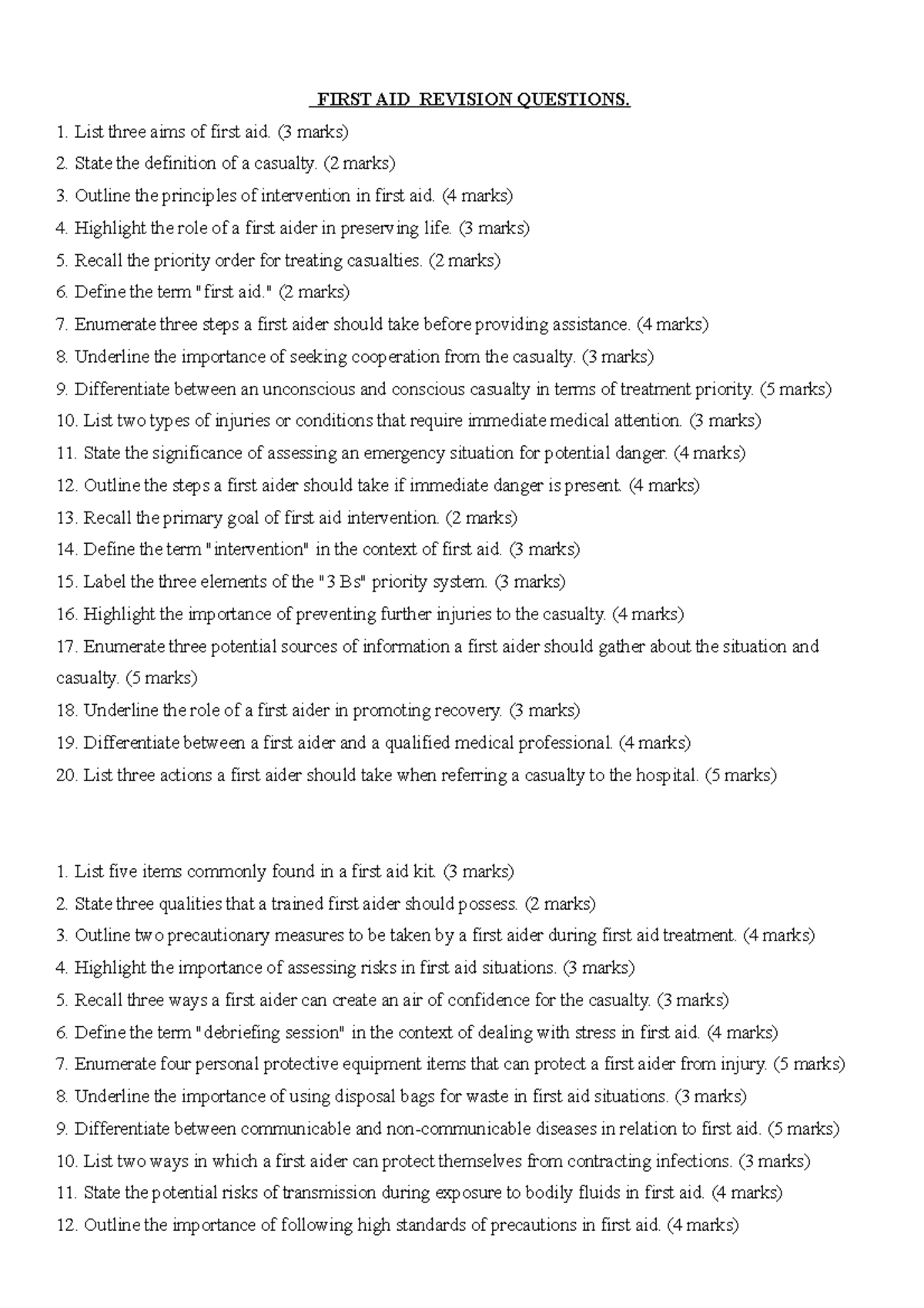 First AID Revision Questions - FIRST AID REVISION QUESTIONS. List three ...