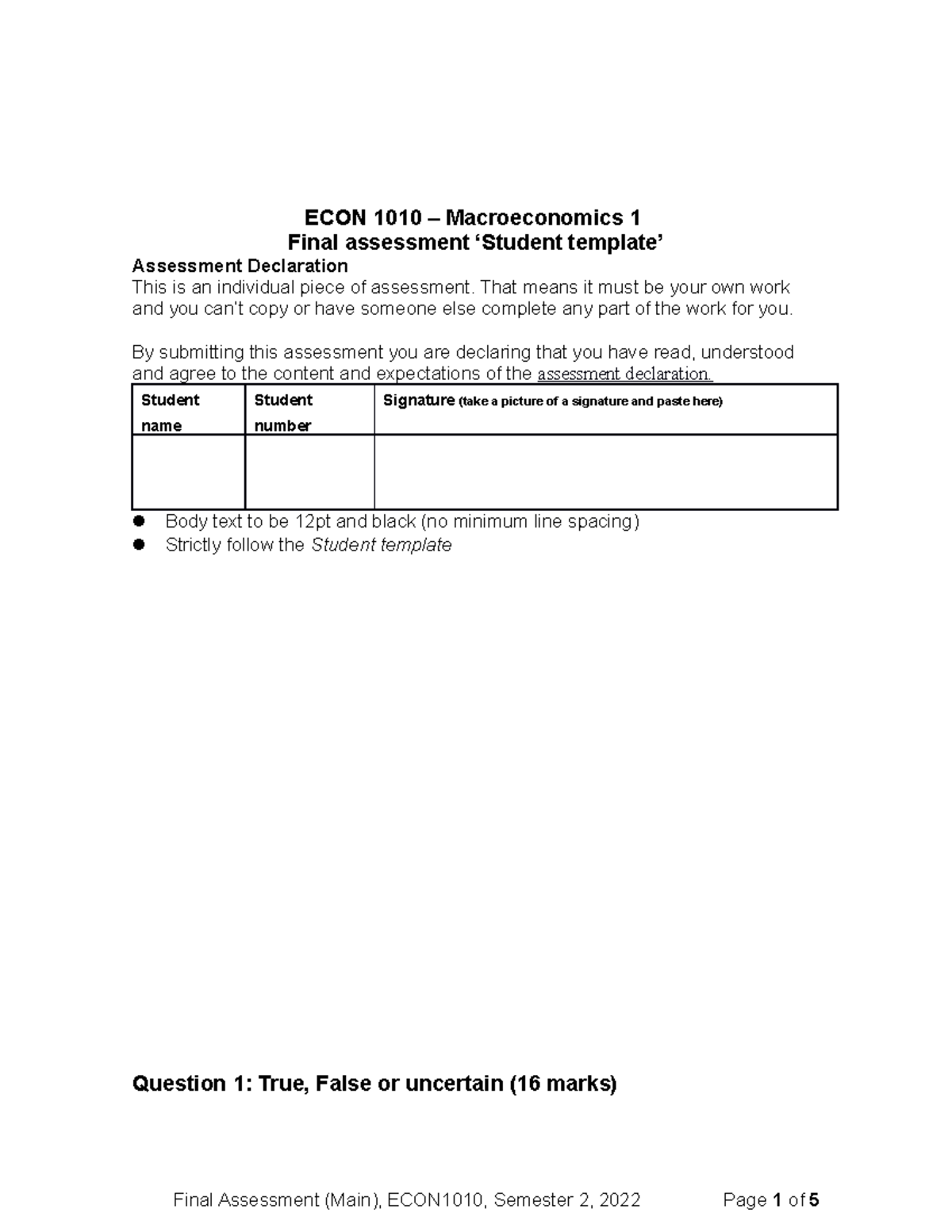 Final assessment Macroeconomics - ECON 1010 – Macroeconomics 1 Final ...