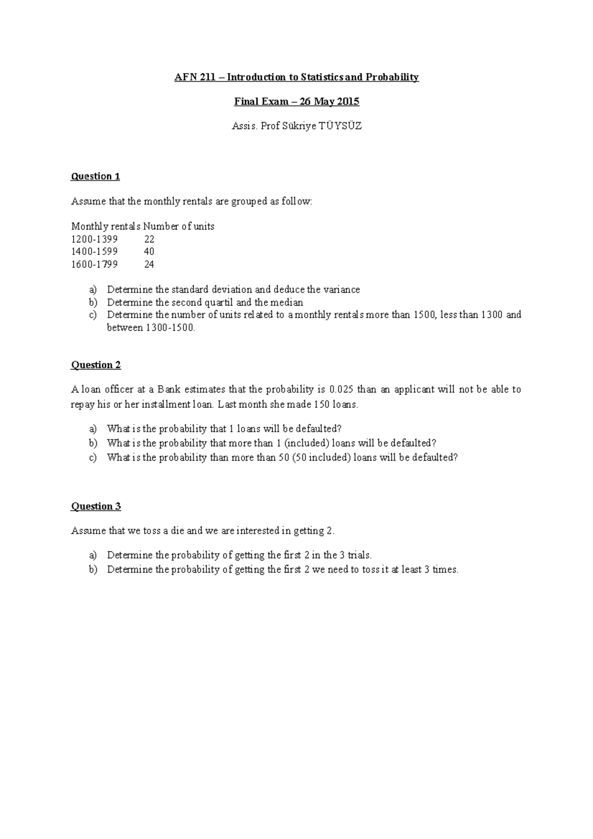 Final Exam 26 May Spring 2015, questions - AFN 211 – Introduction to ...
