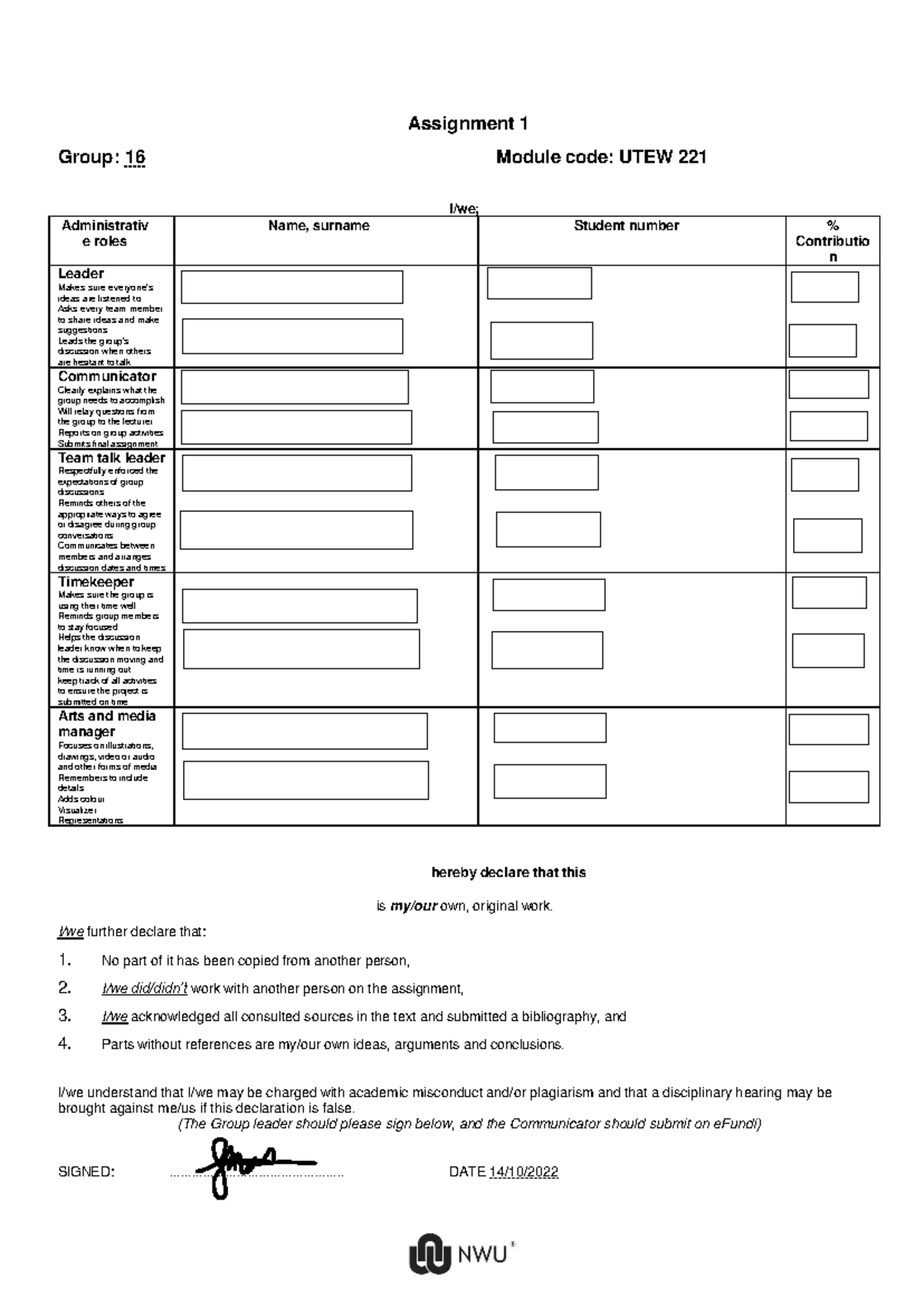 UTEW 321 Assignment 1 - Assignment 1 Group: 16 Module code: UTEW 221 I ...