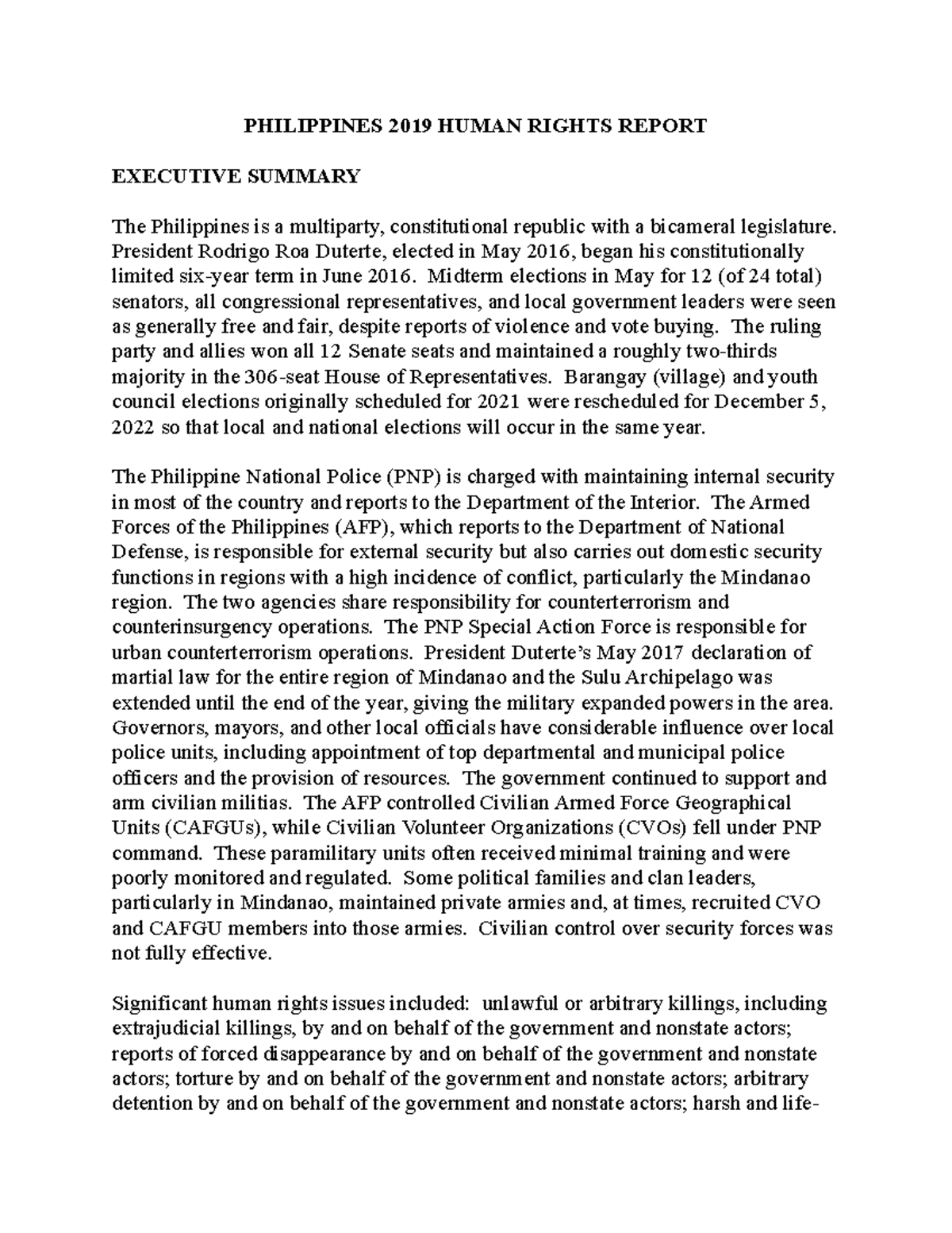Philippines 2019 Human Rights Report - PHILIPPINES 2019 HUMAN RIGHTS ...