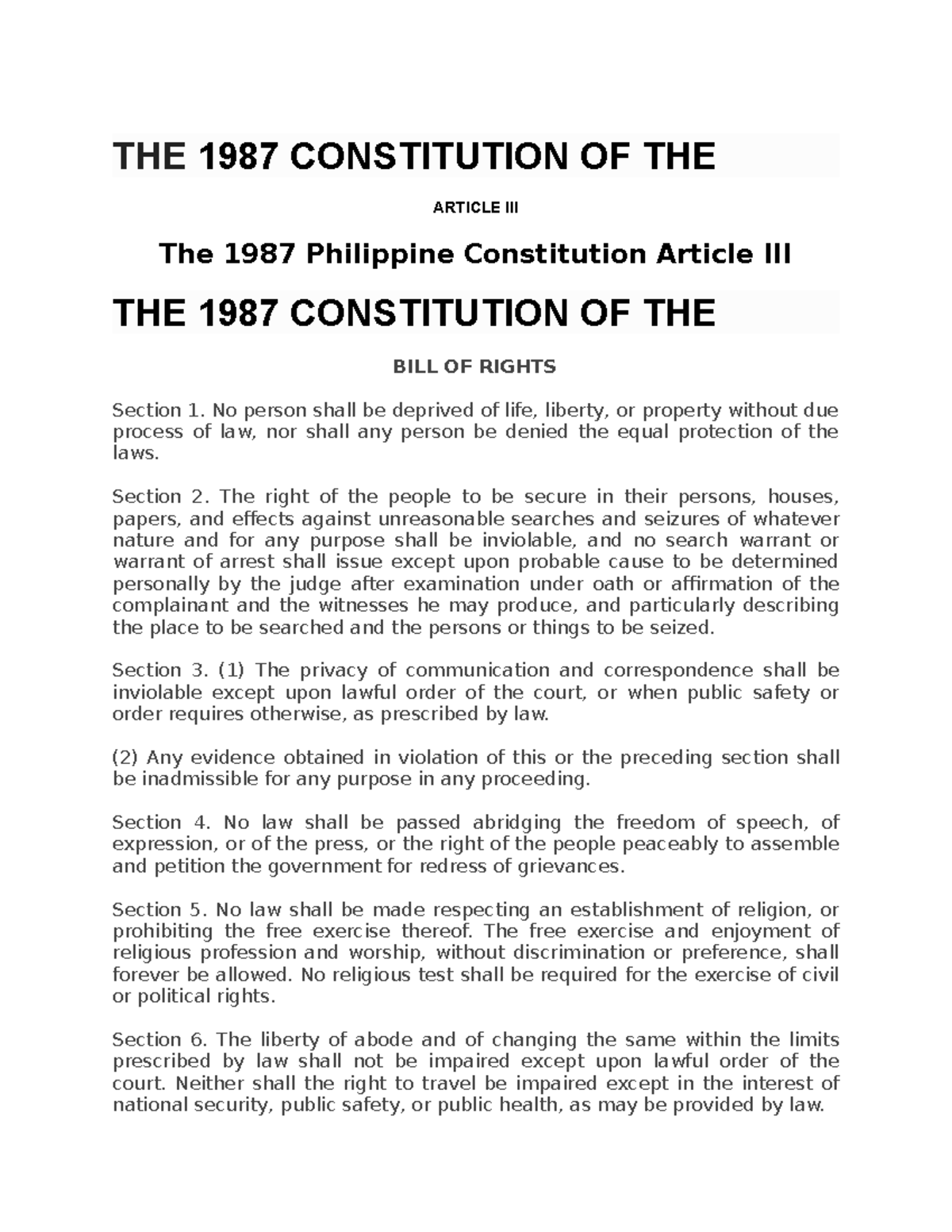 Bill of rights lecture for students of Xavier - THE 1987 CONSTITUTION ...