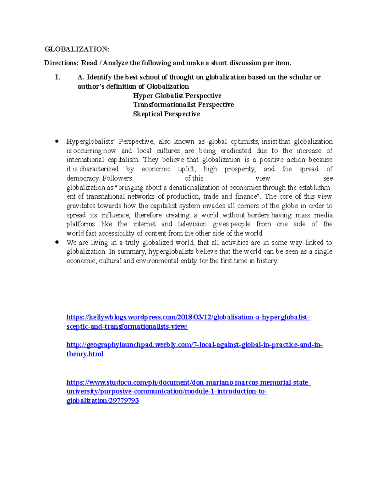 Globalization activity - GLOBALIZATION: Directions: Read / Analyze the ...