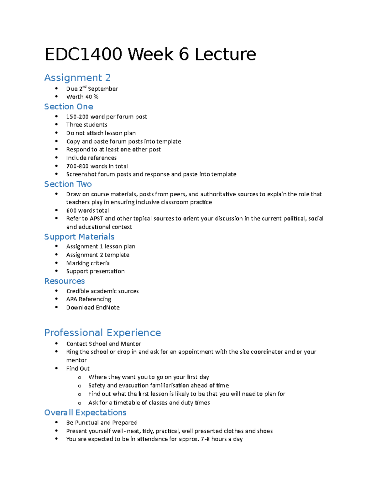 Week 6, Lecture Notes - EDC1400 Week 6 Lecture Assignment 2 Due 2nd ...