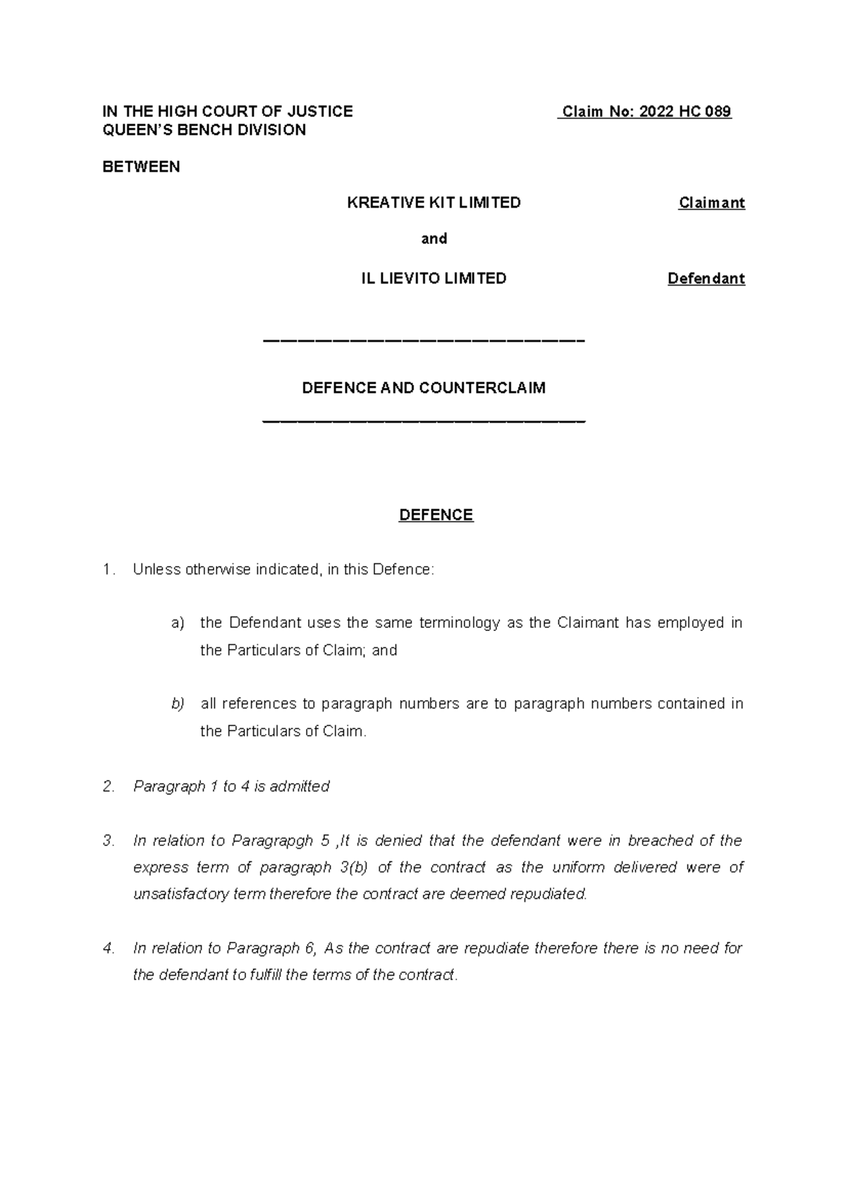 BTC Drafting WS4 Defence - IN THE HIGH COURT OF JUSTICE QUEEN’S BENCH ...