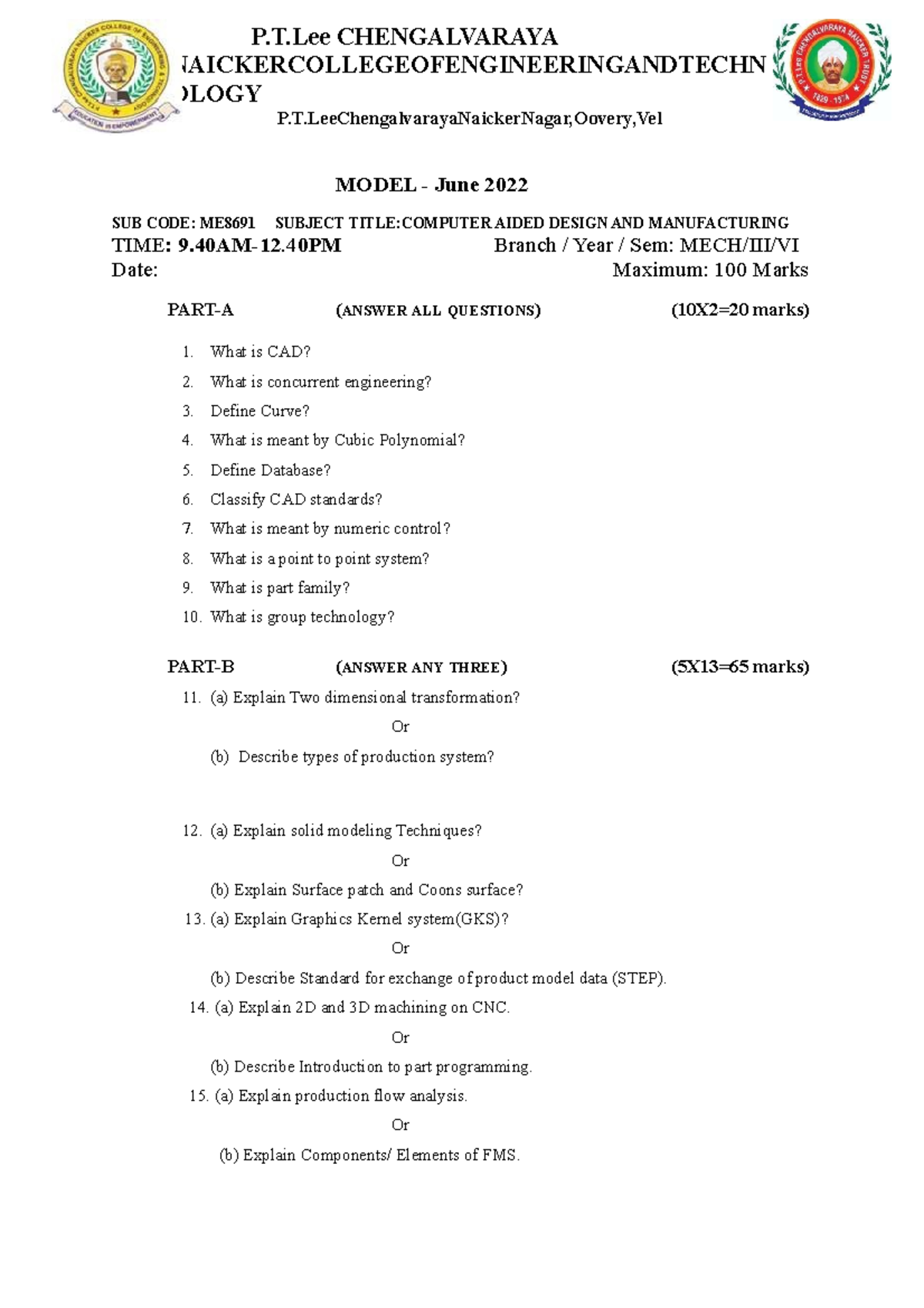 Model Cadm Qp June 2022 Lecture Notes P T Chengalvaraya Naickercollegeofengineeringandtechn