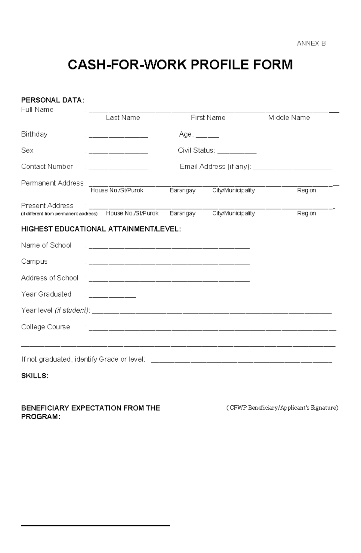 Annex-B -CFWP- Profile-FORM - ANNEX B CASH-FOR-WORK PROFILE FORM ...