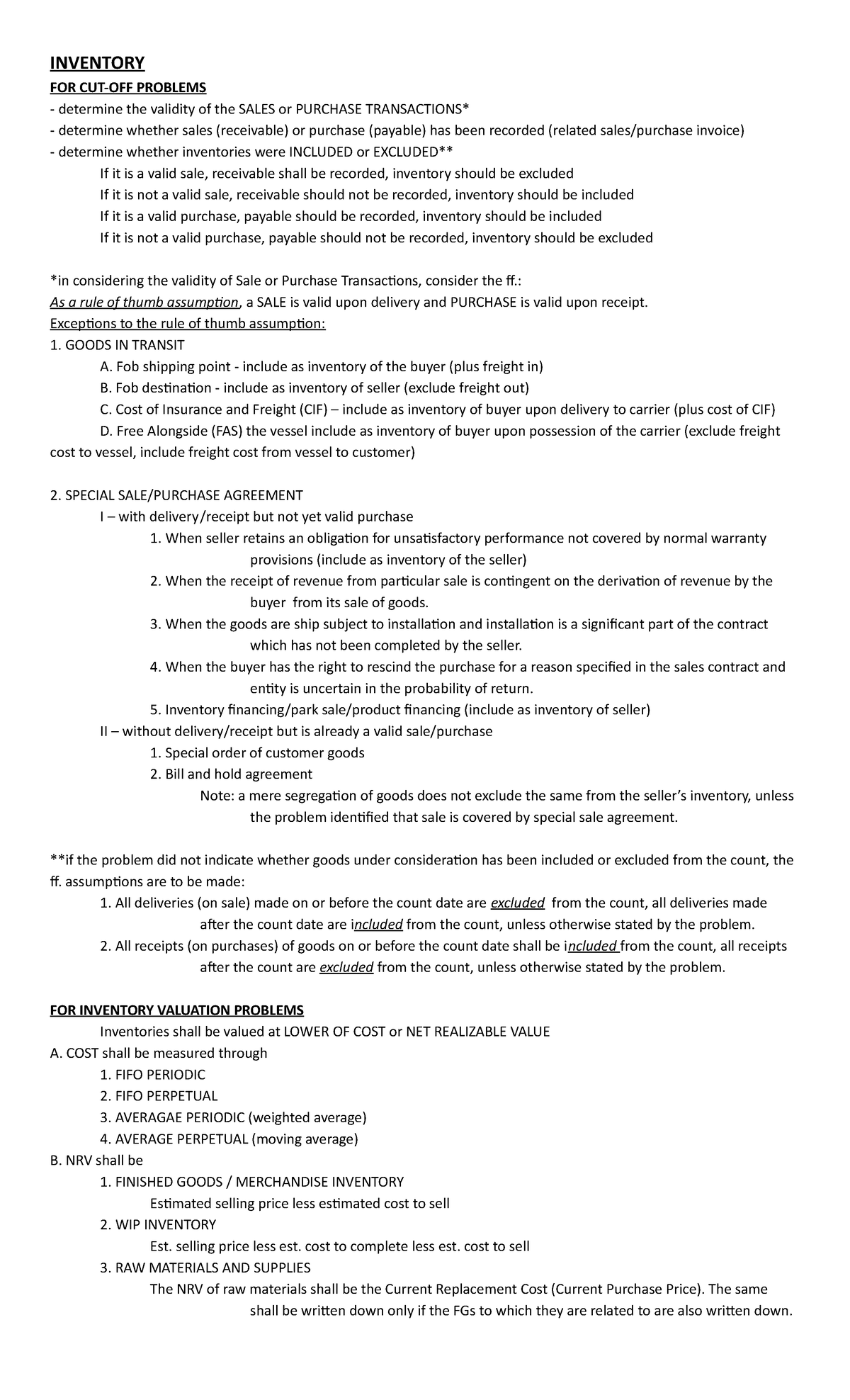 Inventory- Notes - INVENTORY FOR CUT-OFF PROBLEMS determine the ...