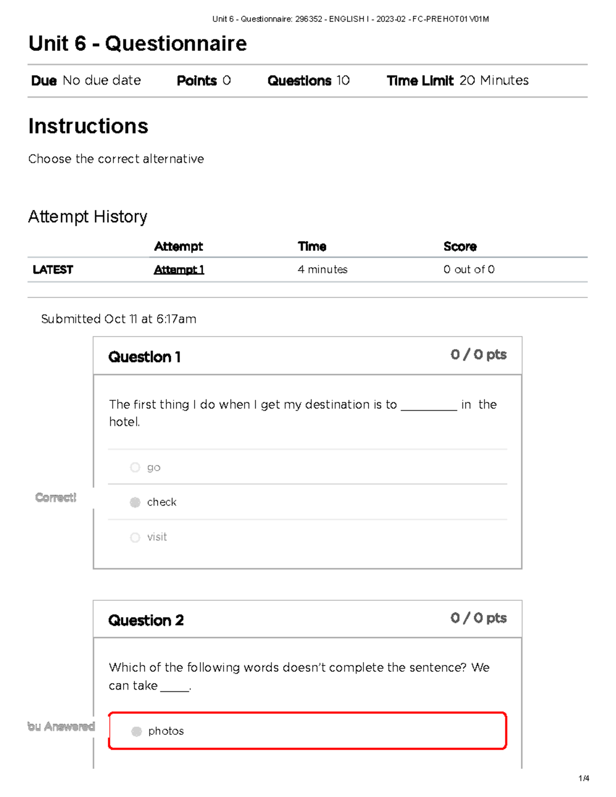 Unit 6 - Questionnaire 296352 - English I - 2023-02 - FC- Prehot 01V01M ...