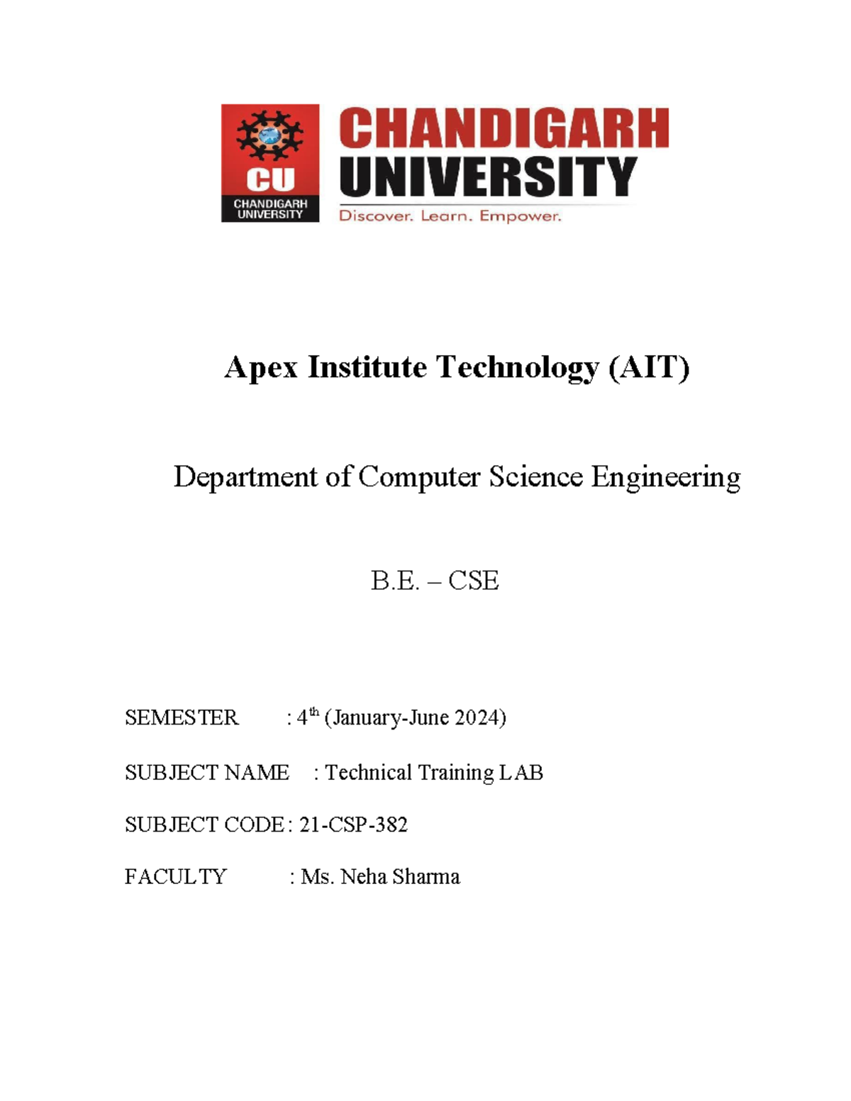 Lab Manual TT - Apex Institute Technology (AIT) Department of Computer Science Engineering B ...