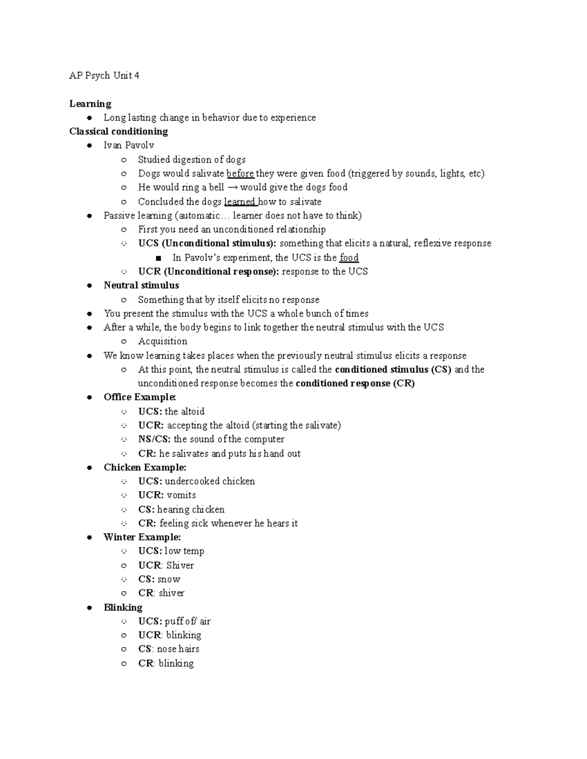 AP Pysch Unit 4 - Notes - AP Psych Unit 4 Learning Long lasting change ...