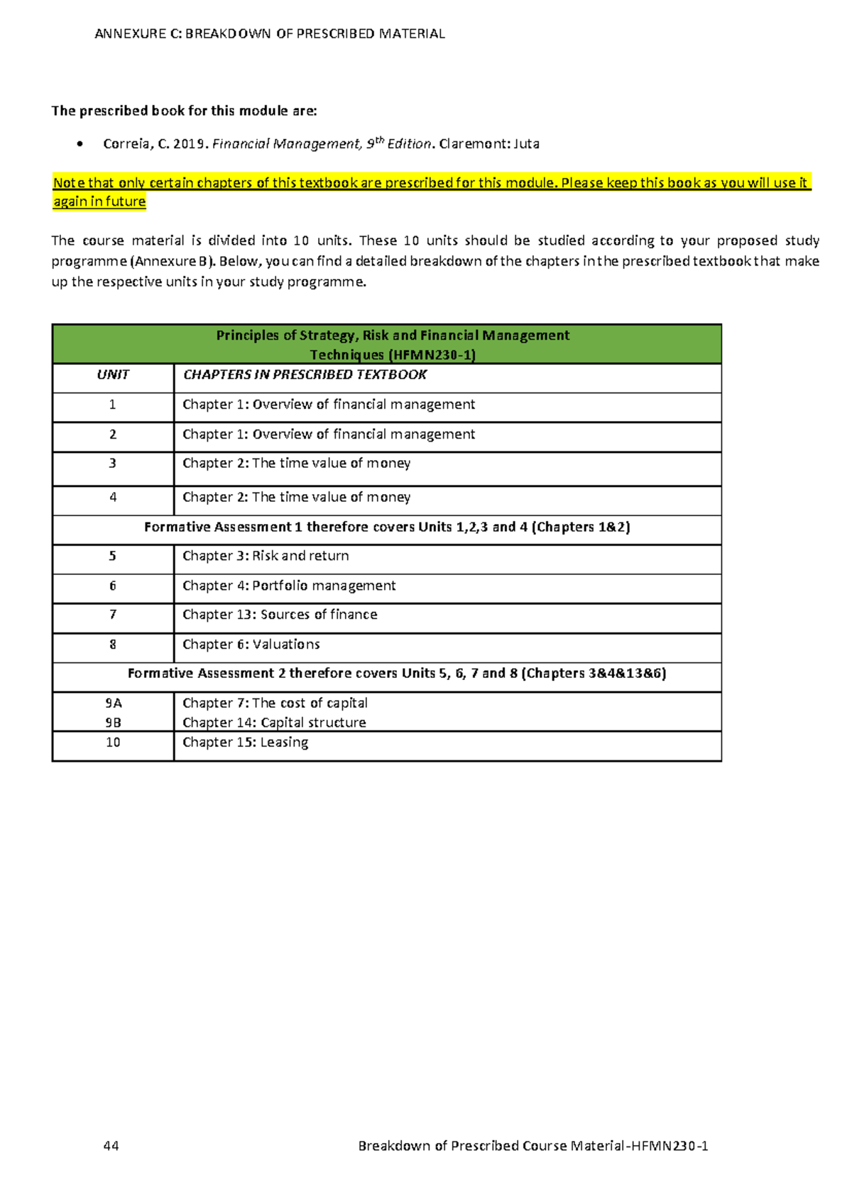 C. Breakdown OF Prescribed Material - 44 Breakdown of Prescribed Course ...