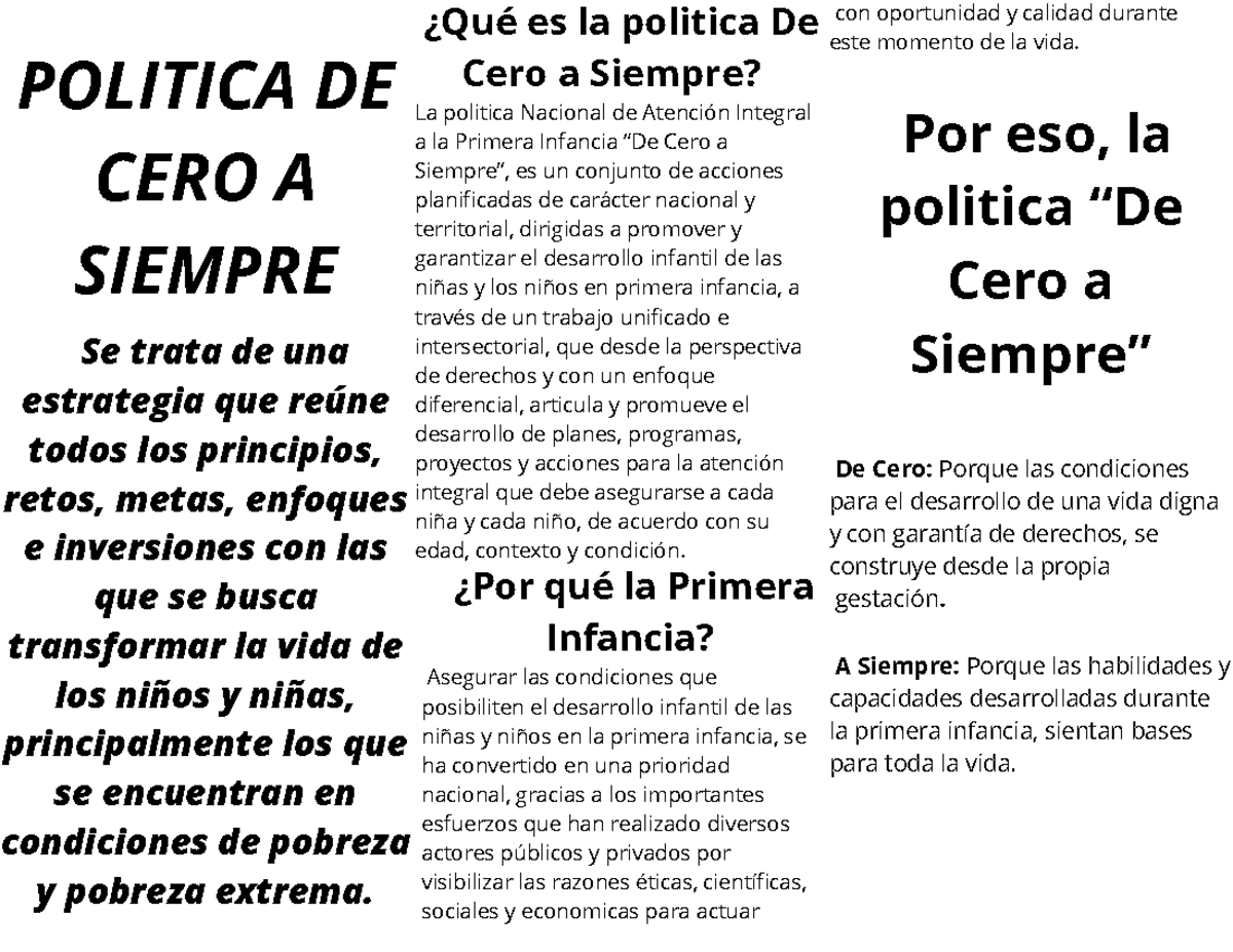 Politica DE CERO A Siempre - POLITICA DE CERO A SIEMPRE Se trata de una ...