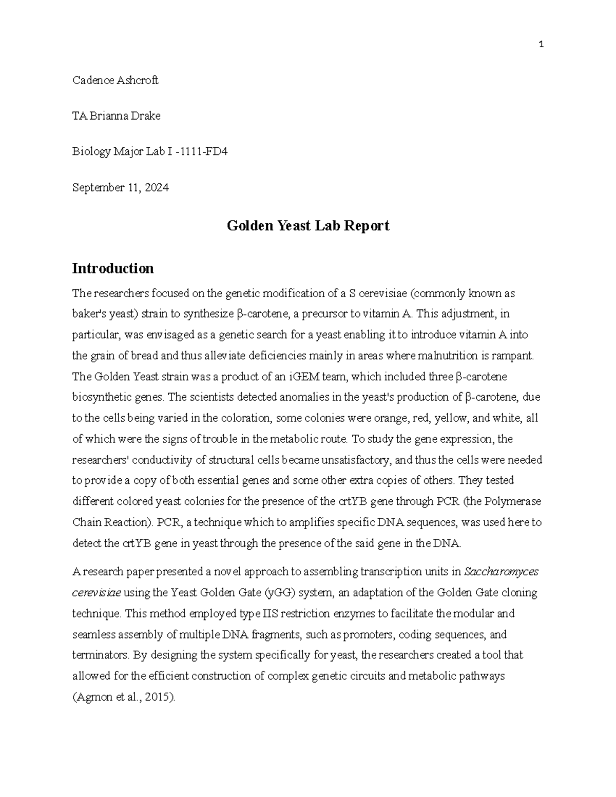Golden Yeast Lab Report - Cadence Ashcroft TA Brianna Drake Biology Major Lab I -1111-FD ...