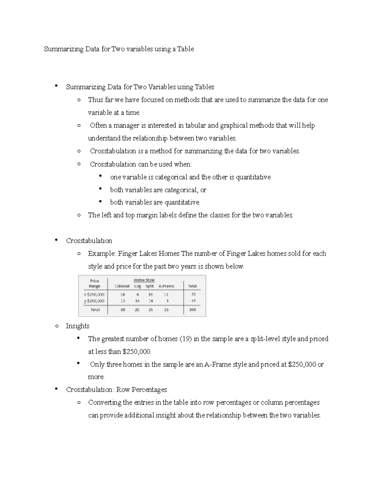 Summarizing Data For Two Variables Using A Table O Often A Manager Is Interested In Tabular