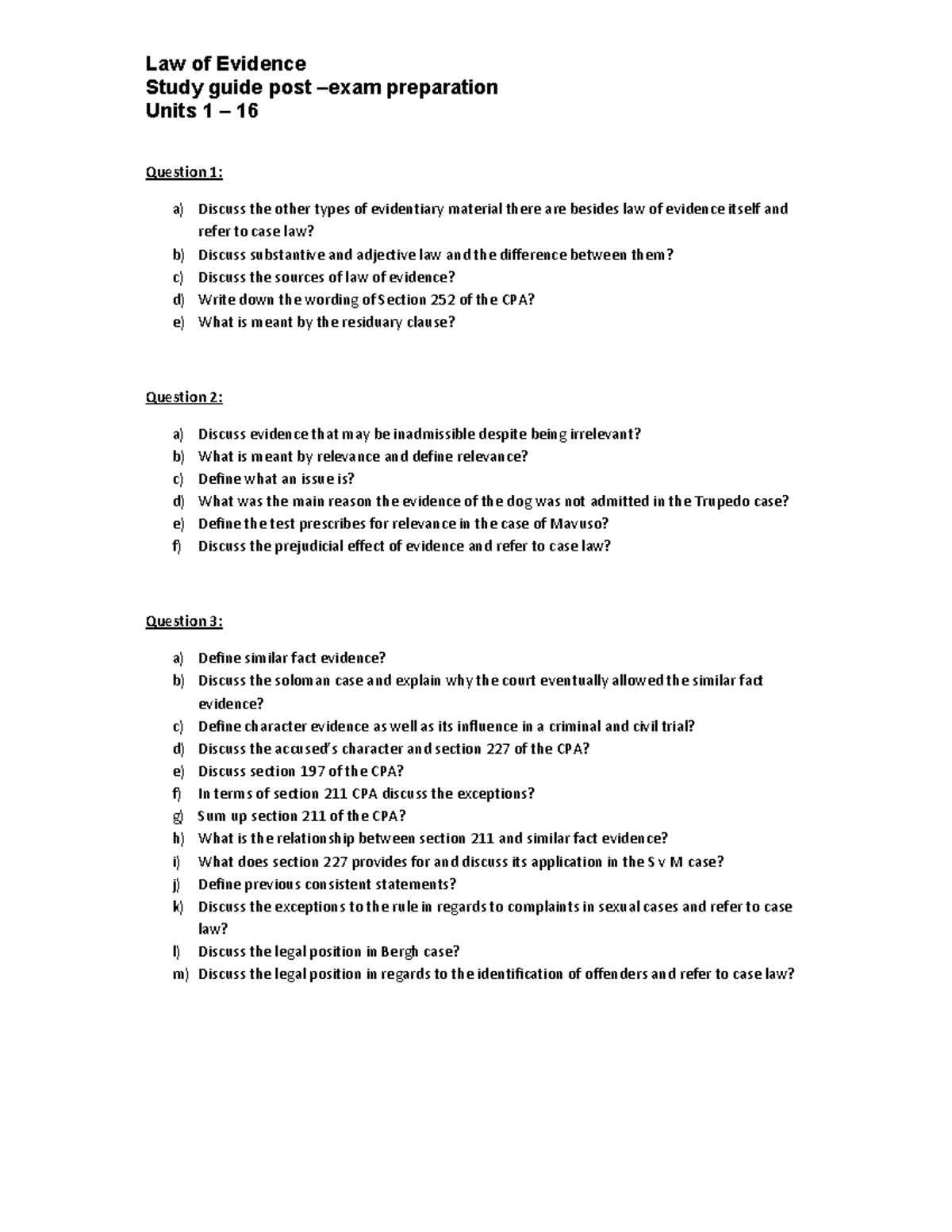 Law of evidence questions - Law of Evidence Study guide post –exam ...